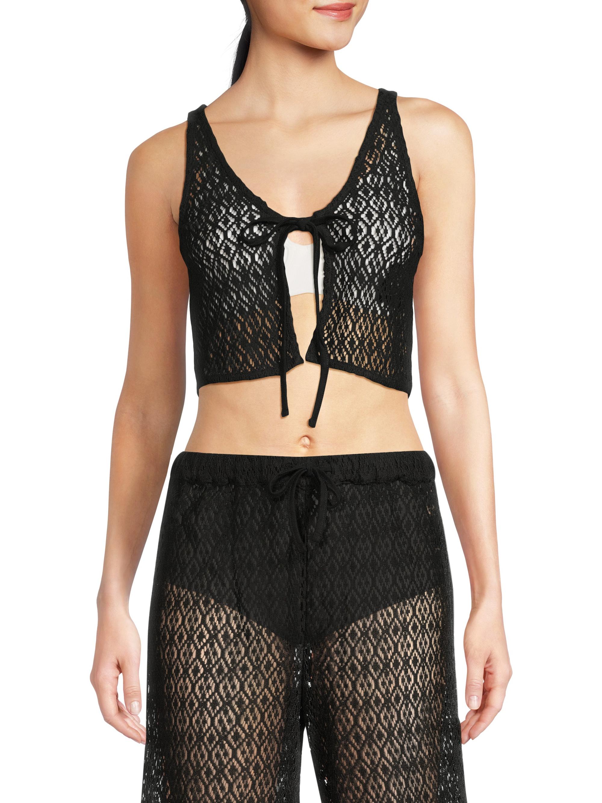 Click here for Noisy May Womens Iben Knit Crochet Tie Crop Top -... prices