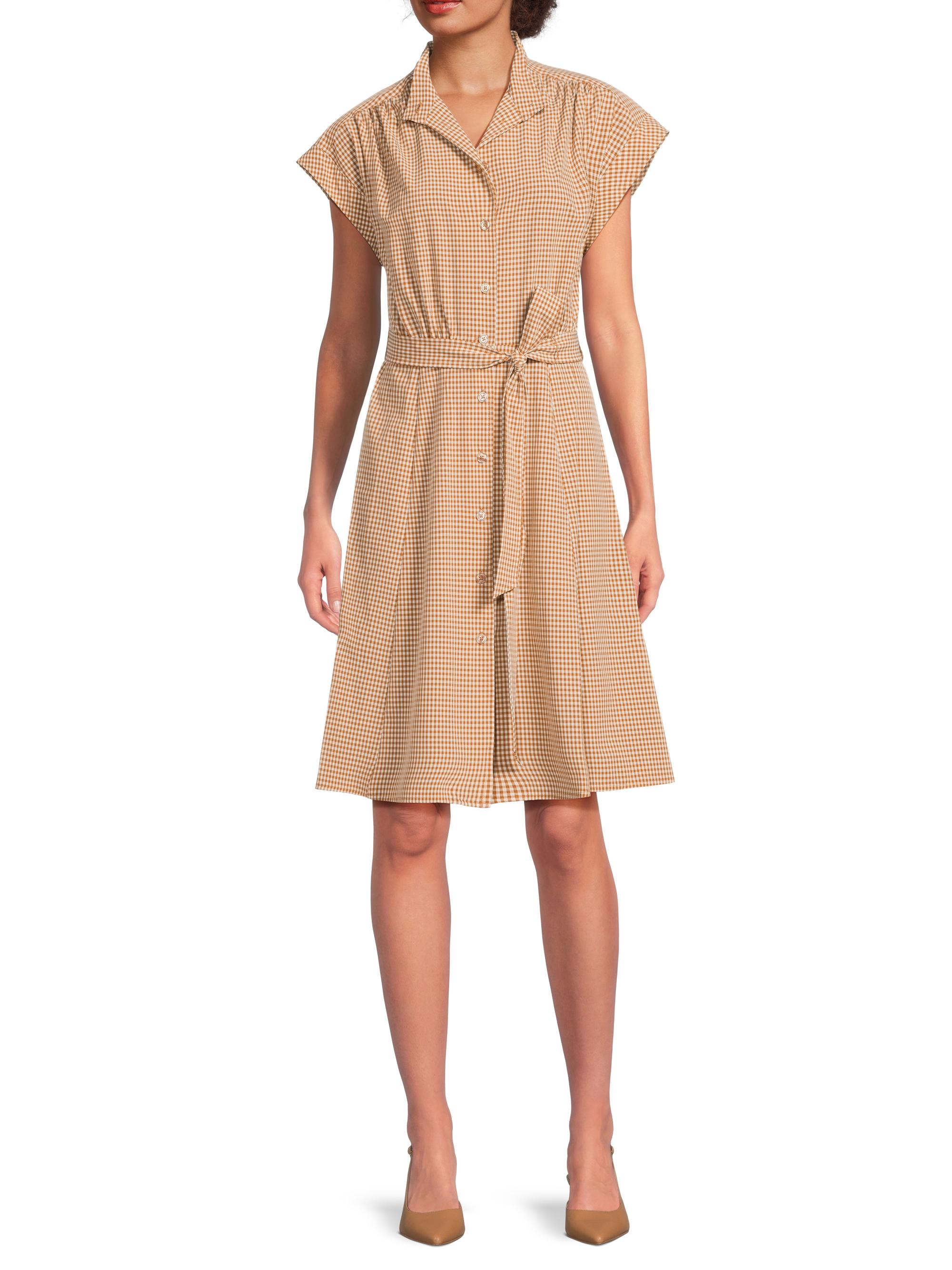 Click here for Calvin Klein Womens Mini Check Belted Dress - Tan... prices