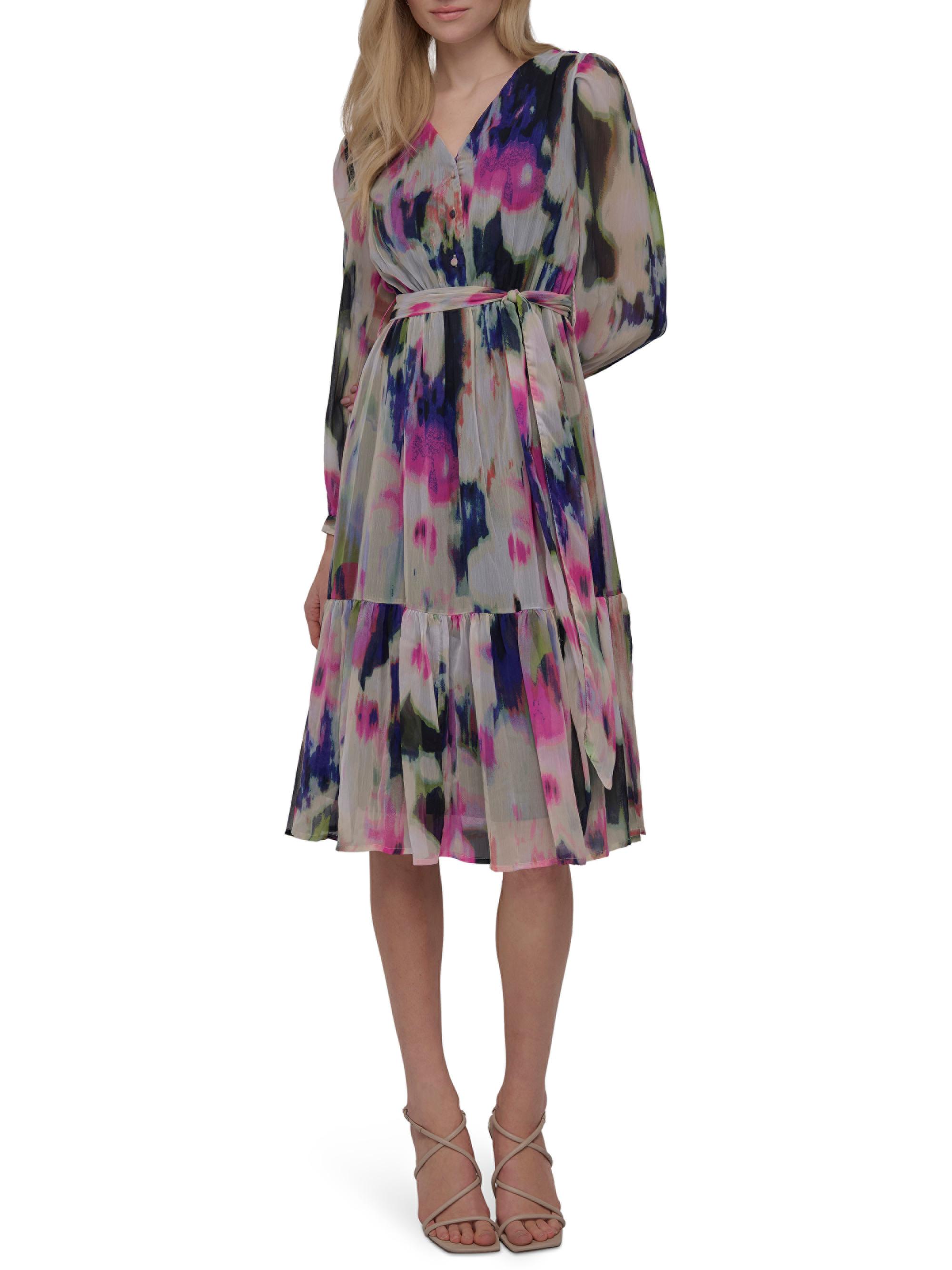 Click here for Dkny Womens Print Chiffon Dress - Navy Multi - Siz... prices