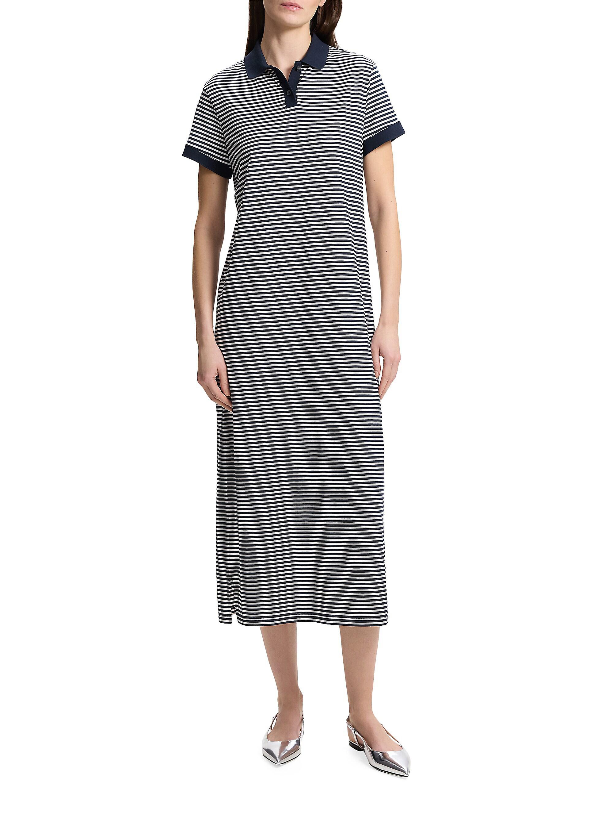 Click here for Theory Womens Striped Jersey Polo Midi-Dress - Nav... prices