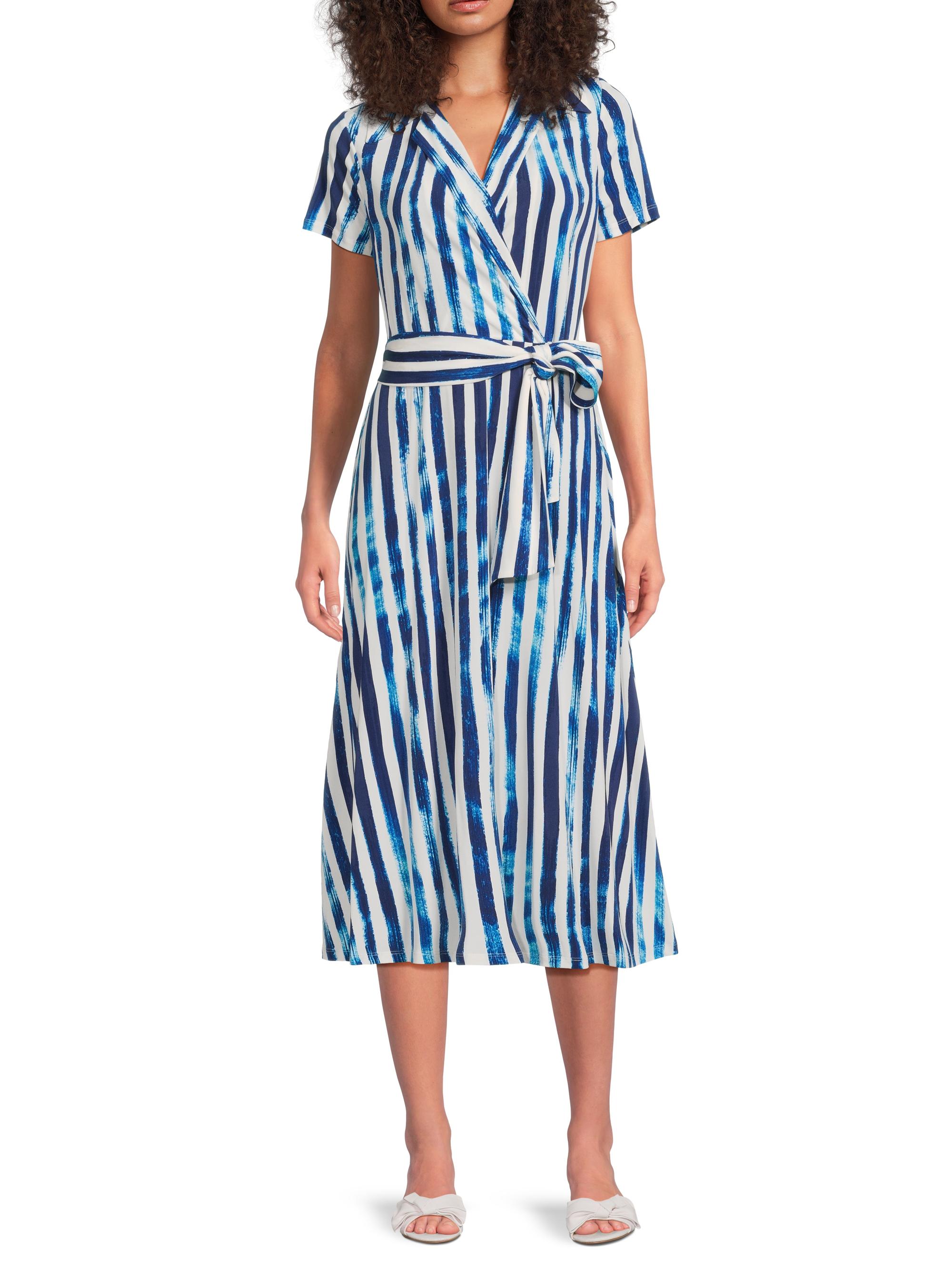 Click here for Halston Womens Striped Faux-Wrap Midi-Dress - Blue... prices