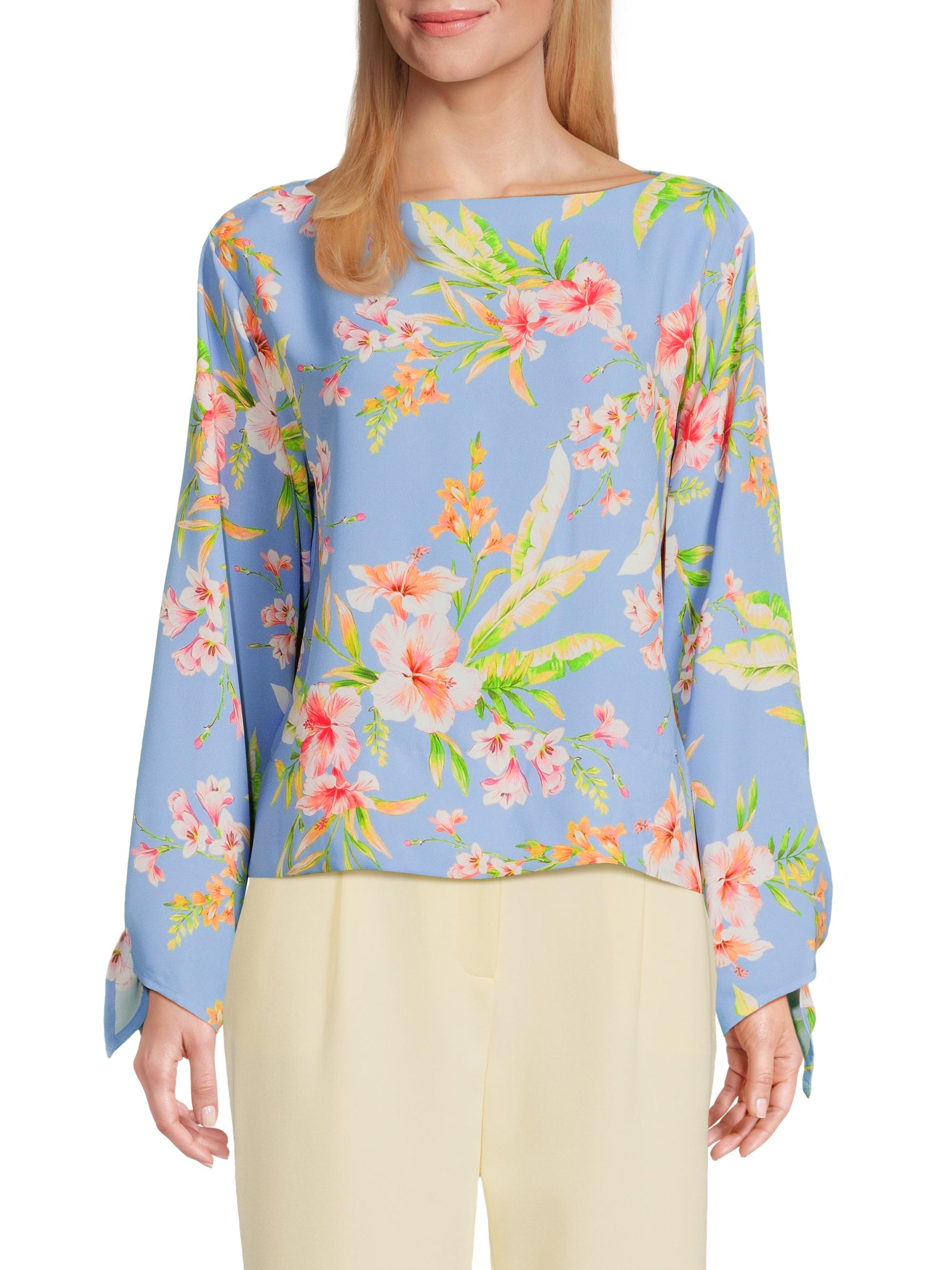 Click here for Halston Womens Floral Bateau-Neck Tie-Cuff Blouse... prices