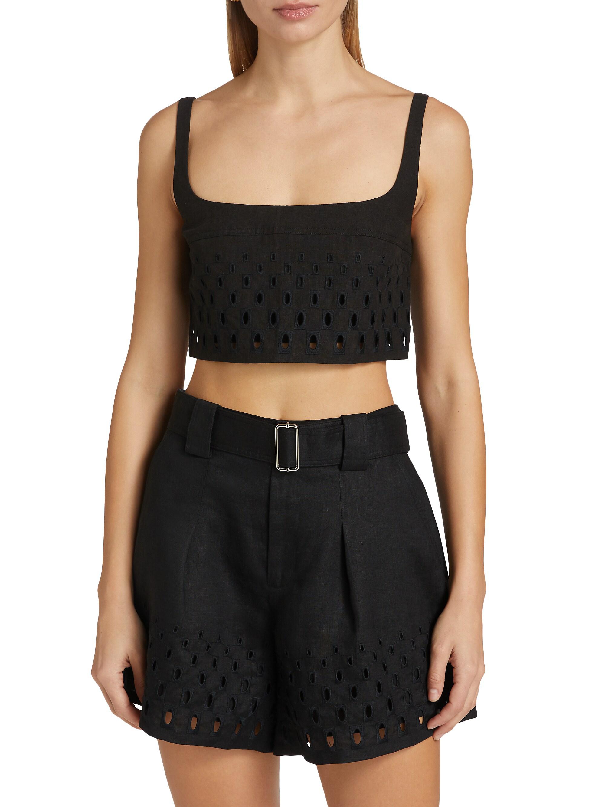 Click here for A. l.c. Womens Sky Eyelet Linen Crop Top - Black -... prices