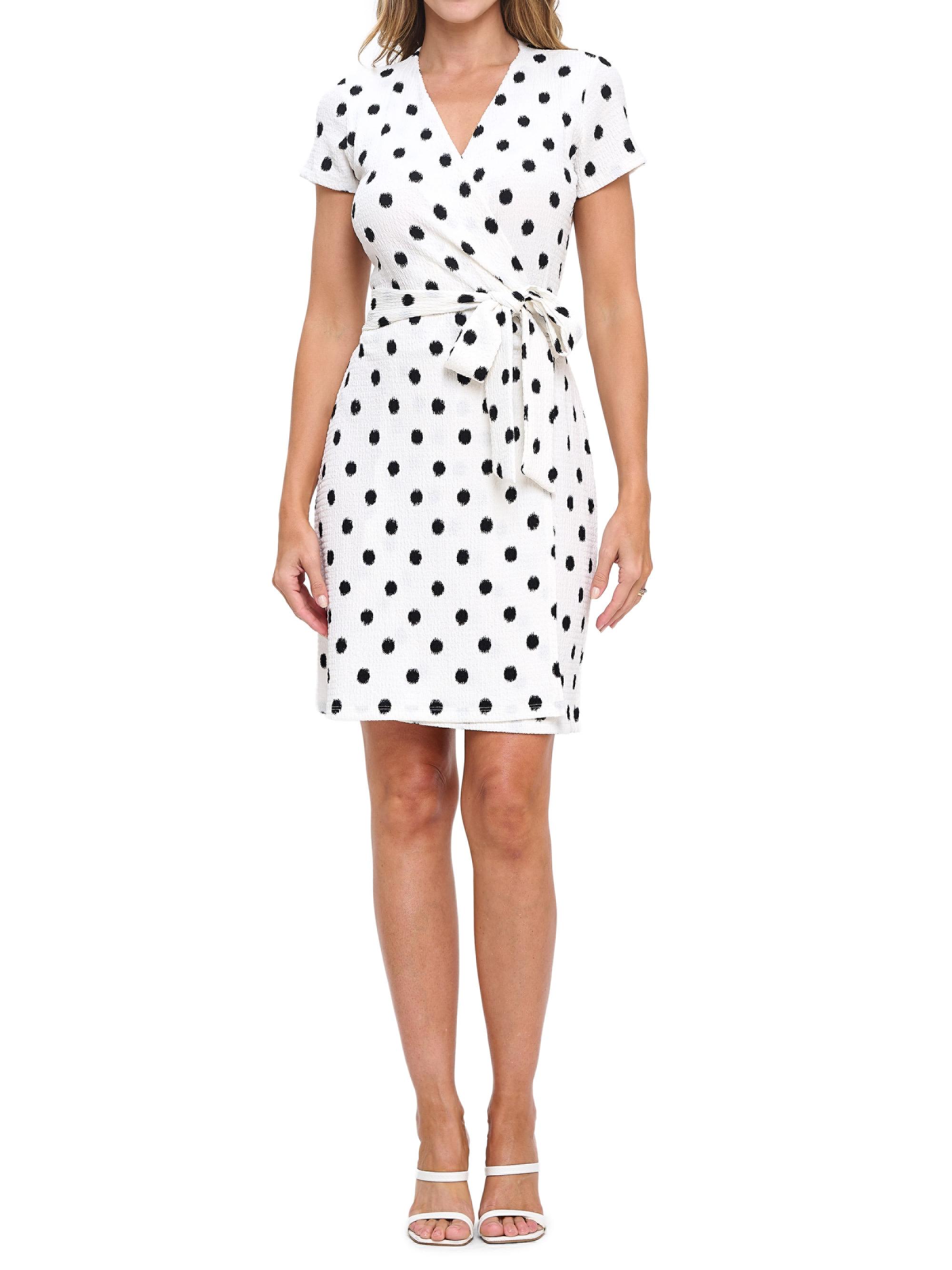 Click here for Renee C. Womens Polka Dot Wrap Minidress - White M... prices