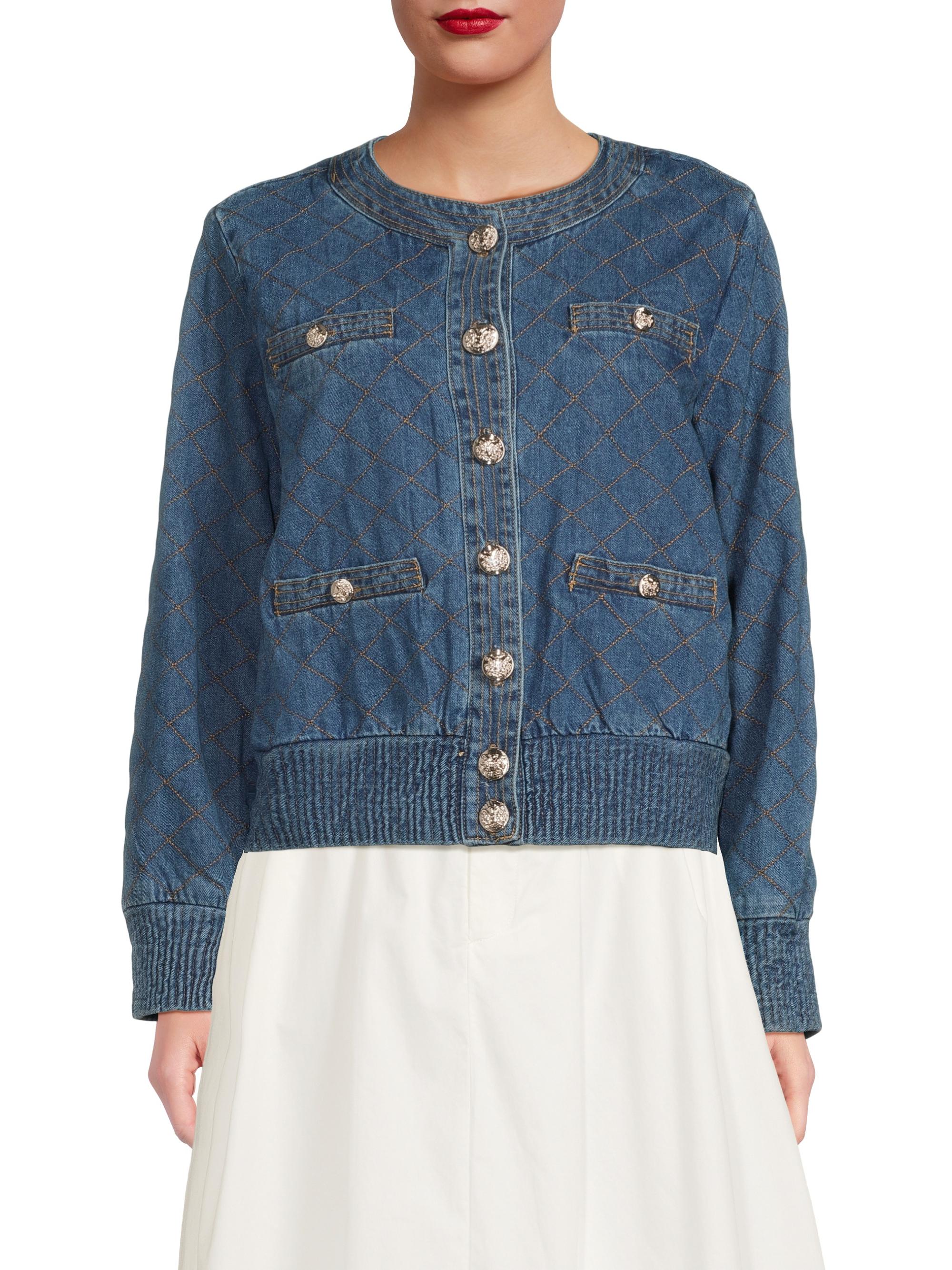 Click here for Wdny Womens Diamond Print Denim Jacket - Denim - S... prices