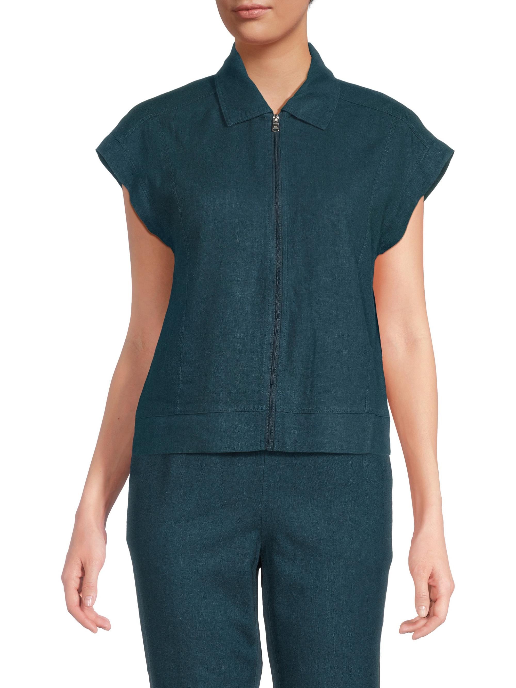 Andrew Marc Womens Zip Front Linen-Blend Cap-Sleeve Vest - Deep Sea - Size L
