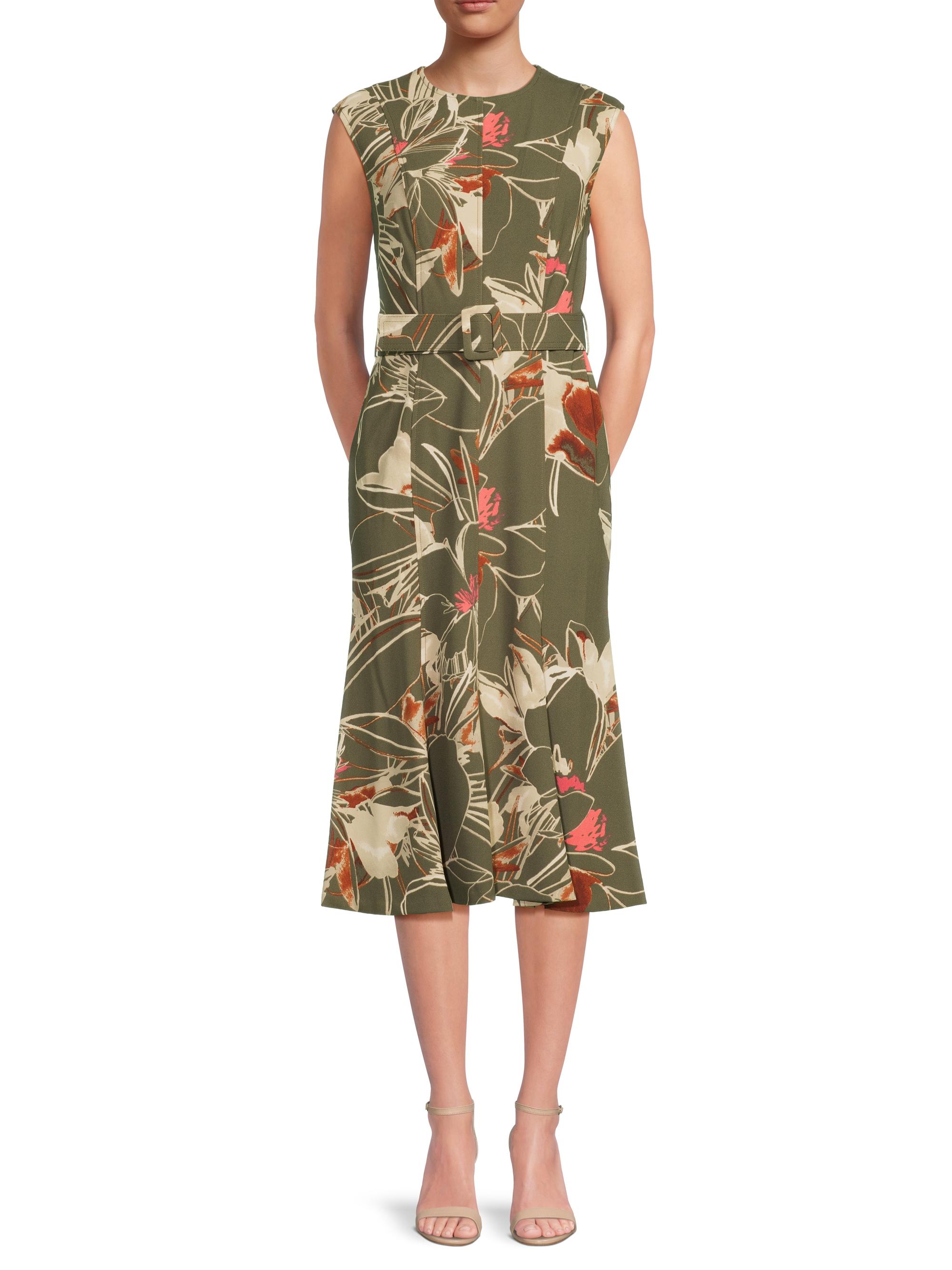 Click here for Calvin Klein Womens Floral-Print Belted Midi-Dress... prices