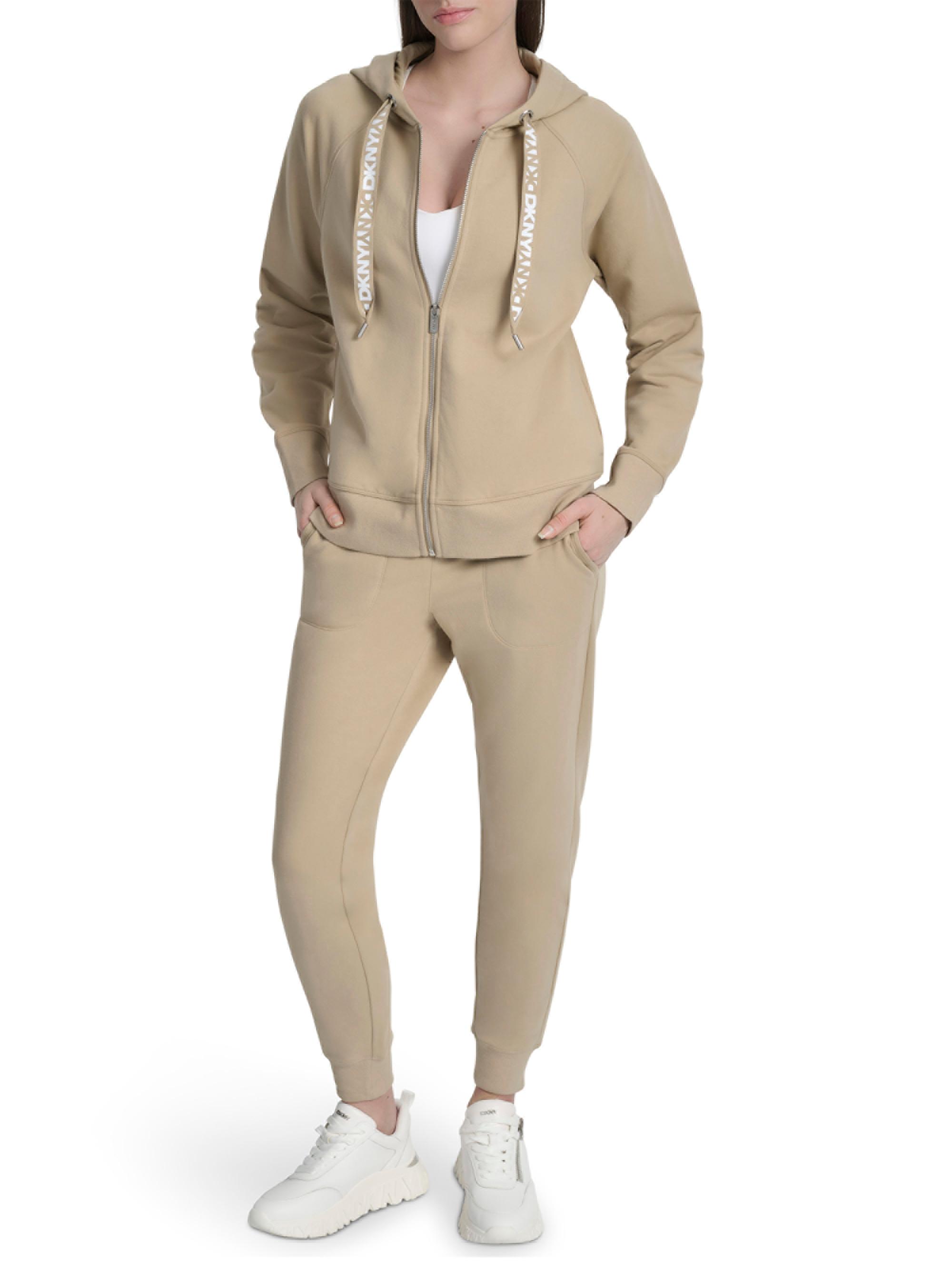 Click here for Dkny Womens Logo Drawstring Zip Hoodie - Travertin... prices