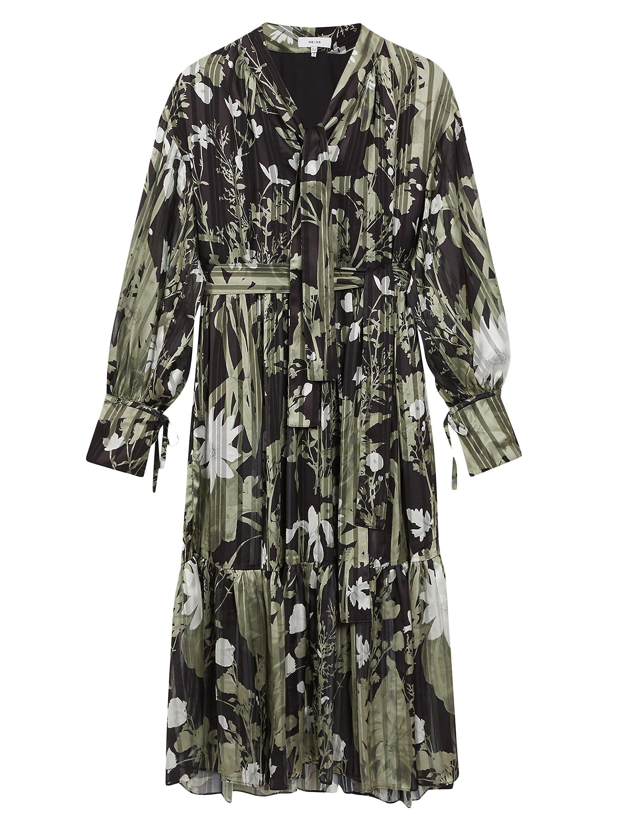Click here for Reiss Womens Lottie Belted Floral Midi-Dress - Gre... prices