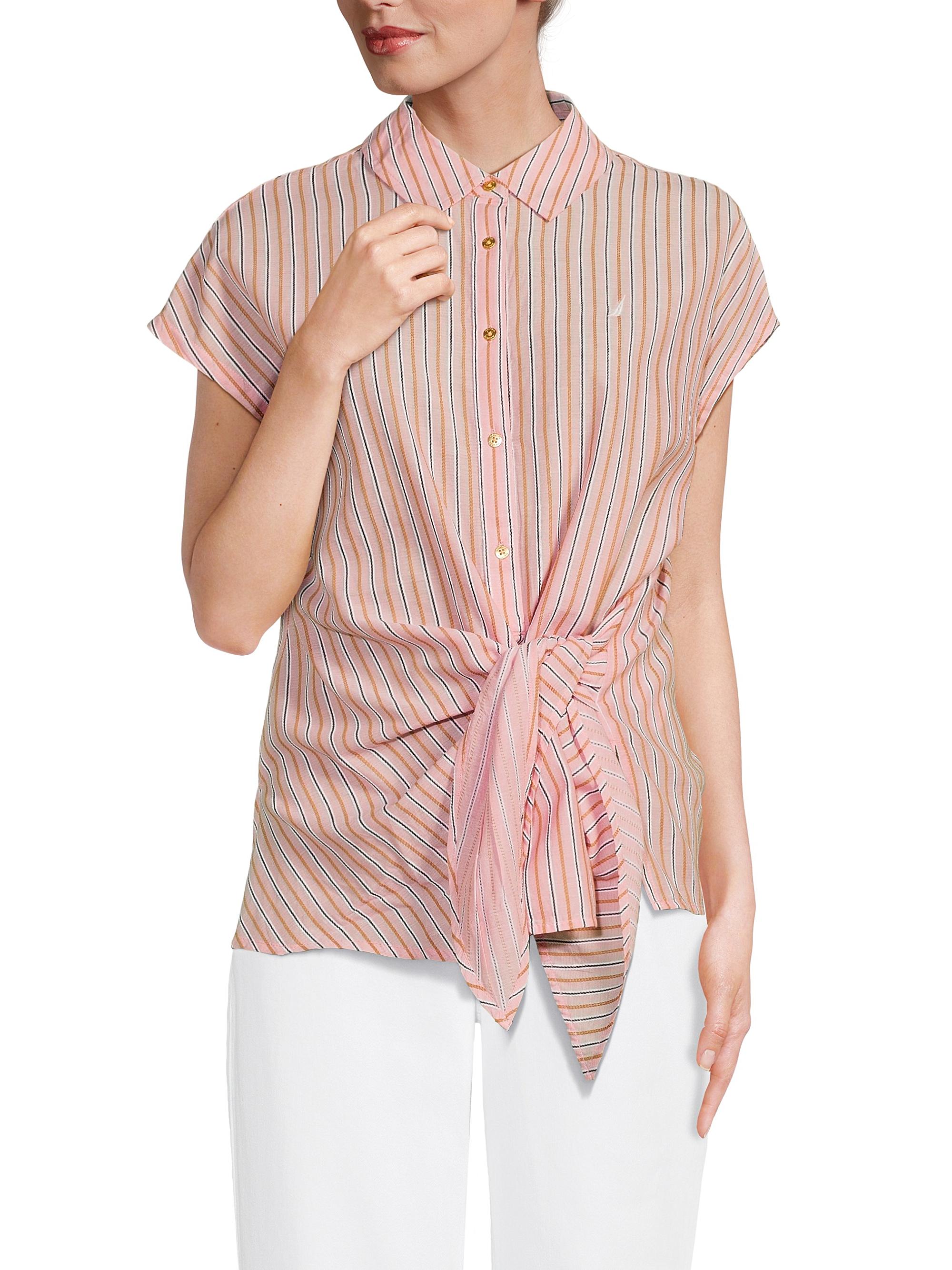Click here for Nautica Womens Striped Tie-Front Cotton Shirt - Pi... prices