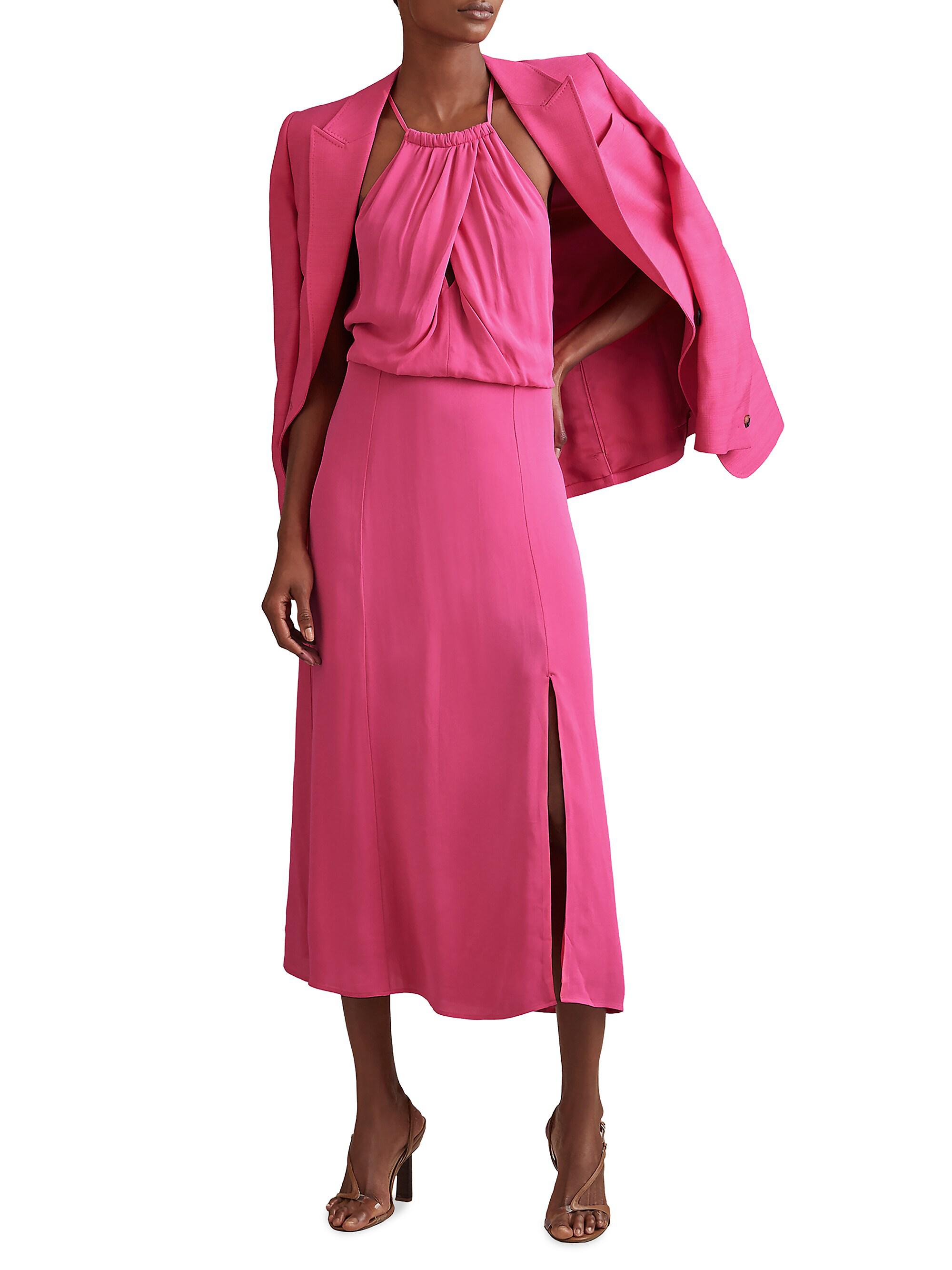 Click here for Reiss Womens Elliana Draped Halter Midi-Dress - Pi... prices