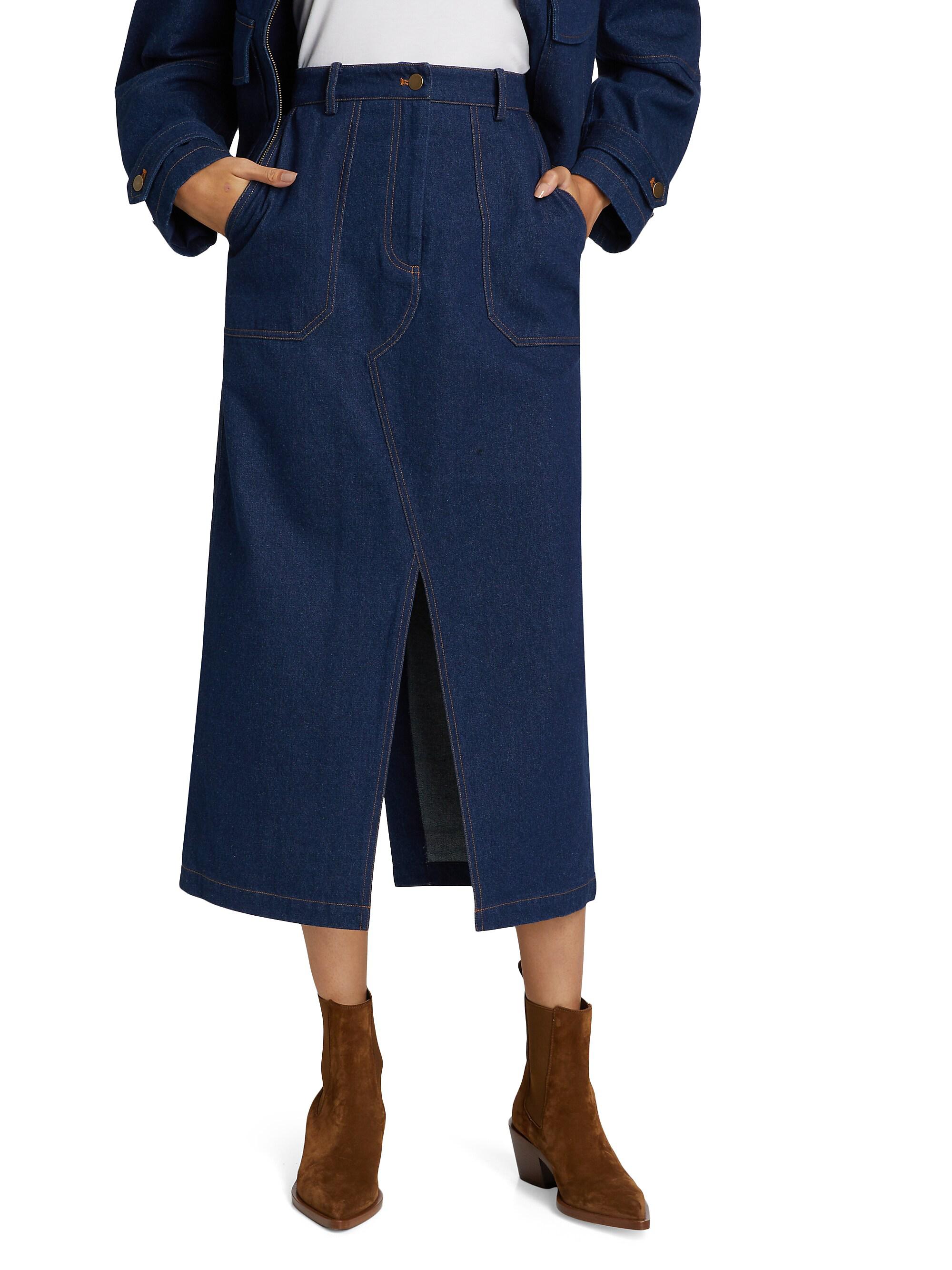 Click here for If Only Studio Womens Denim Topstitched Midi-Skirt... prices