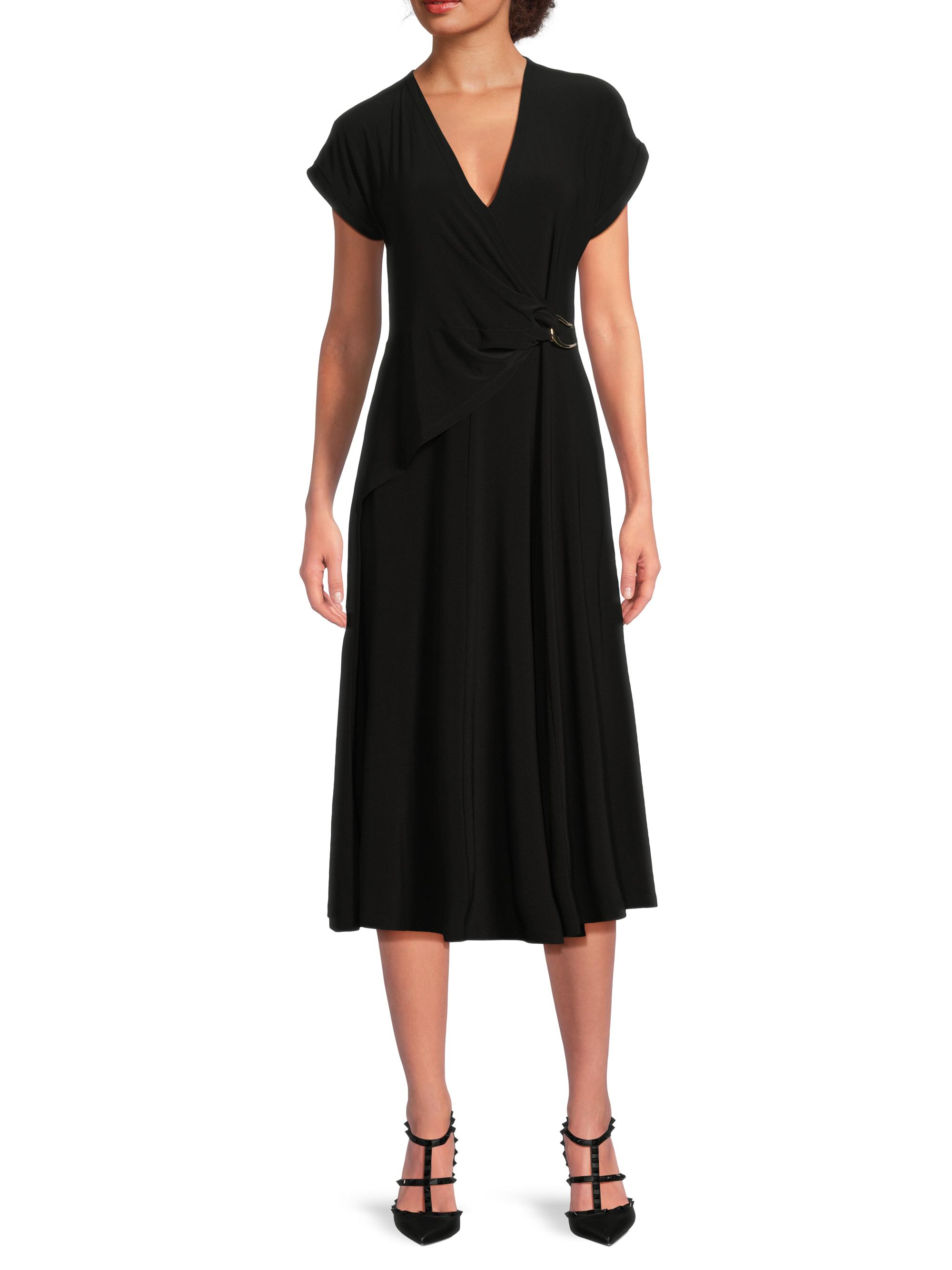 Click here for Halston Womens Surplice-Neck Faux-Wrap Dress - Bla... prices
