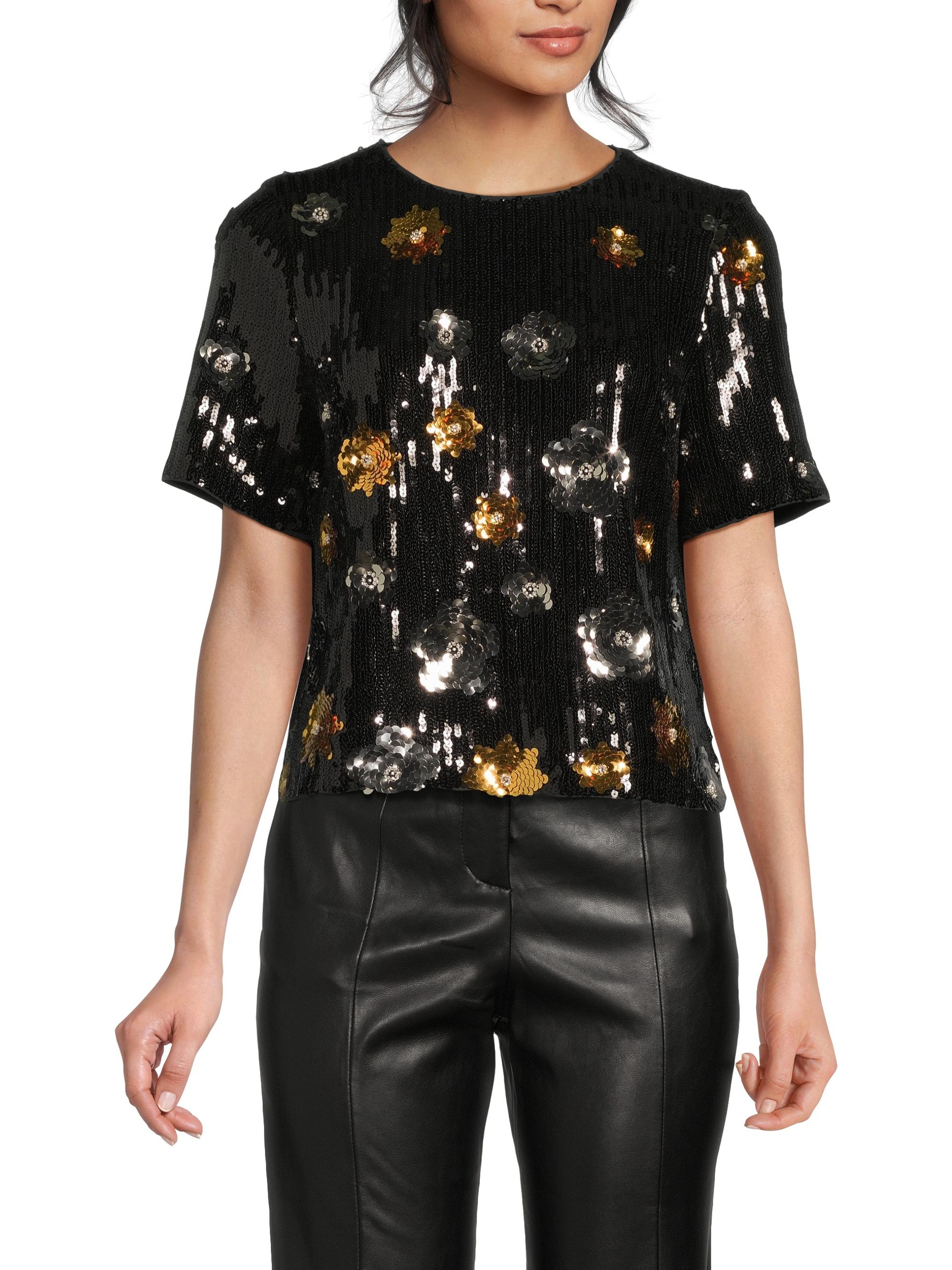 Click here for Milly Womens Katelynn 3D Floral Sequin Top - Black... prices