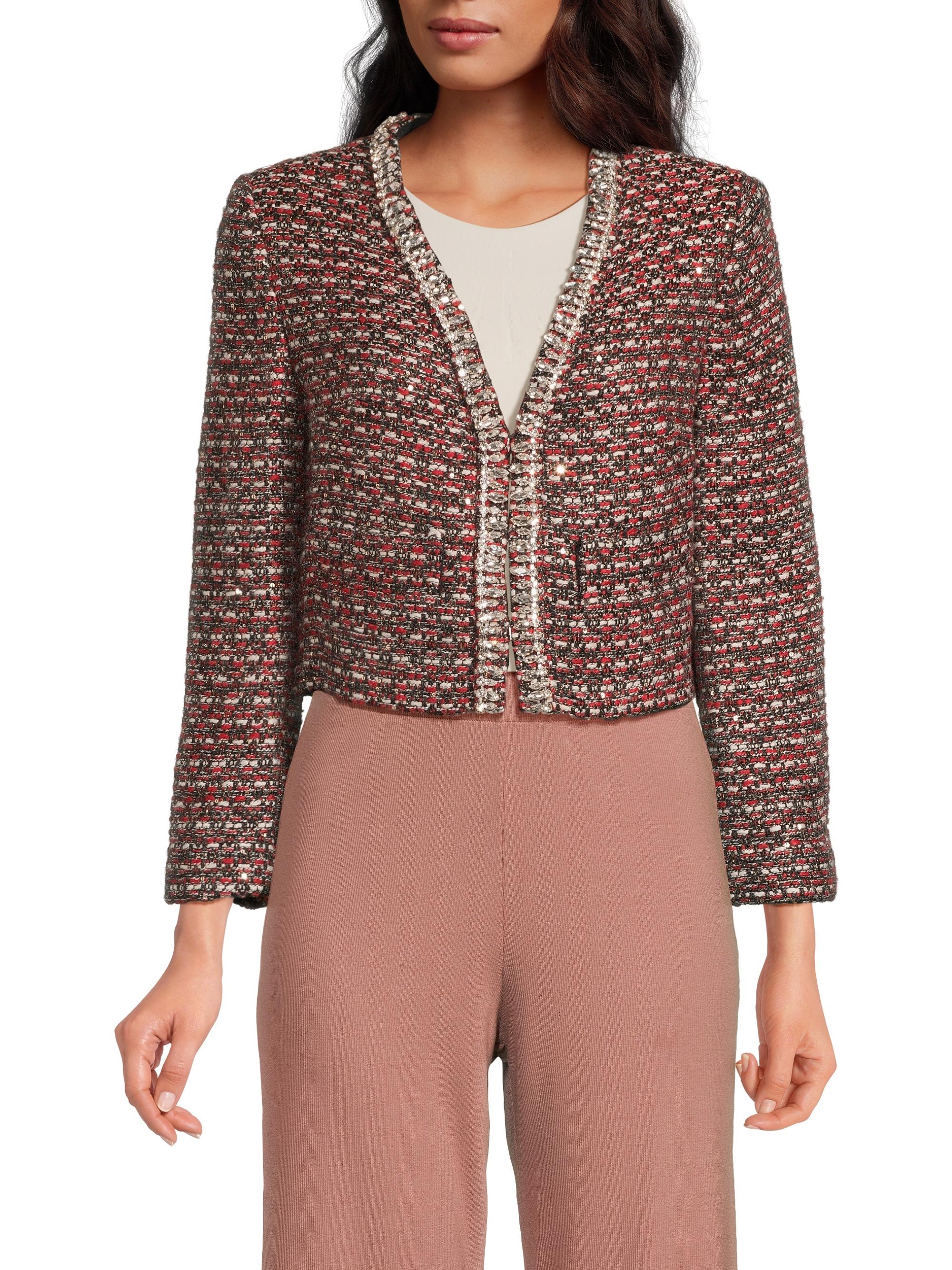 Click here for Milly Womens Amaya Tweed Embellished Jacket - Scar... prices
