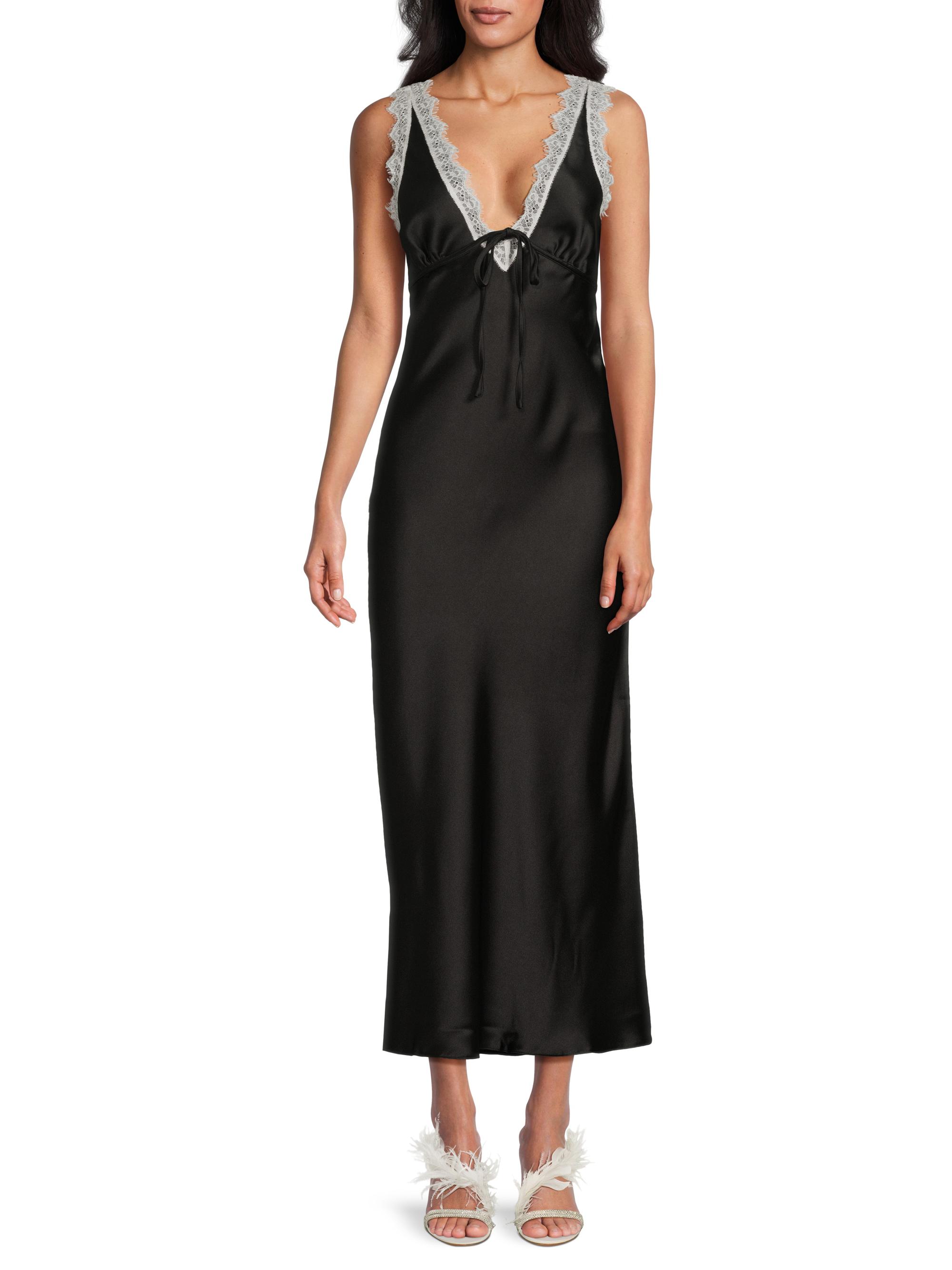 Click here for Bebe Womens Lace-Trimmed Satin Midi-Slipdress - Bl... prices