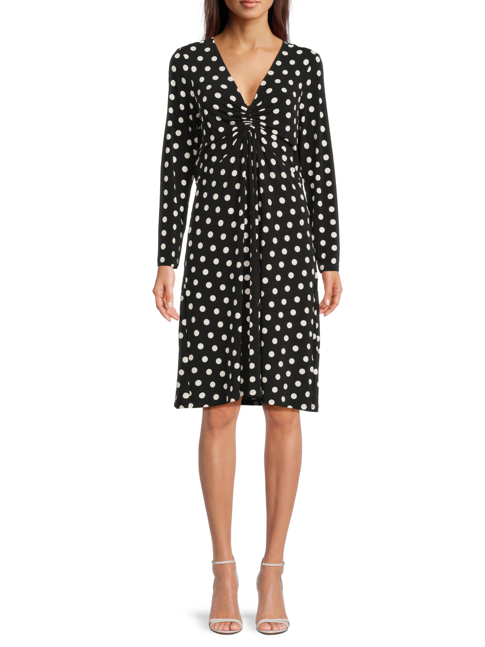 Click here for Halston Womens Polka Dot Ruched Dress - Black Vani... prices