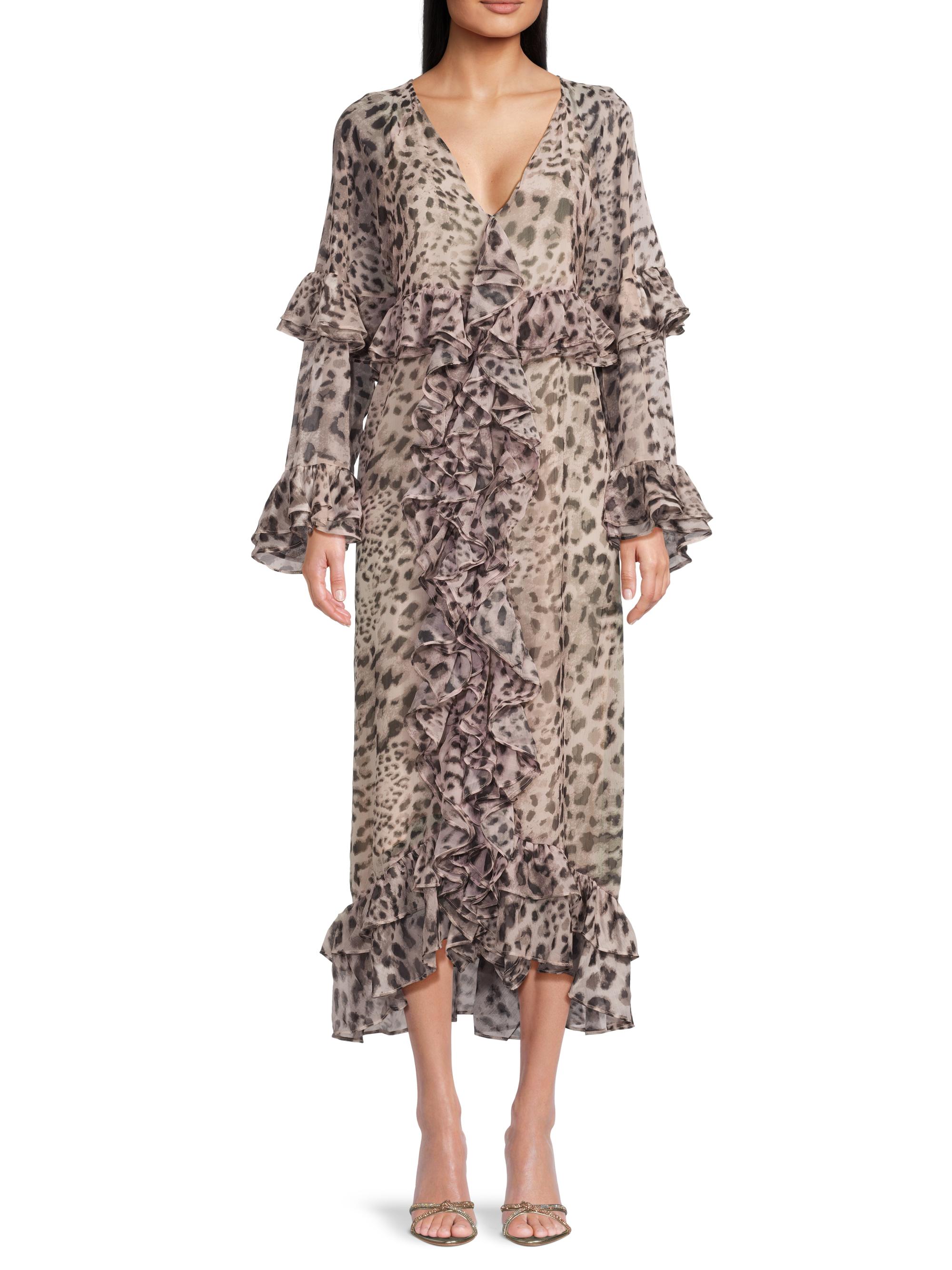 Click here for Walter Baker Womens Leopard Ruffle Midi-Dress - Ti... prices
