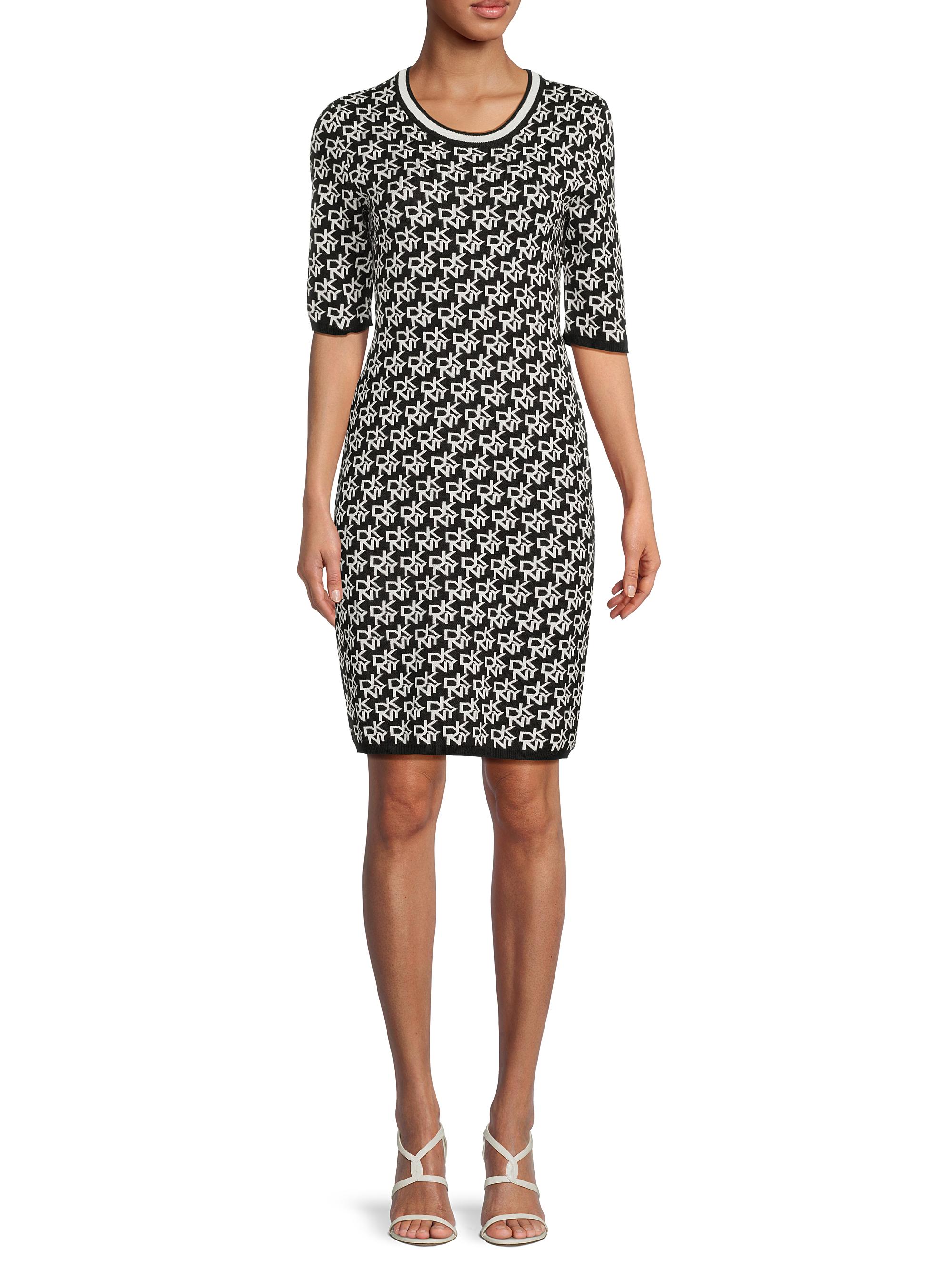 Click here for Dkny Womens Intarsia Logo Knit Sheath Dress - Blac... prices