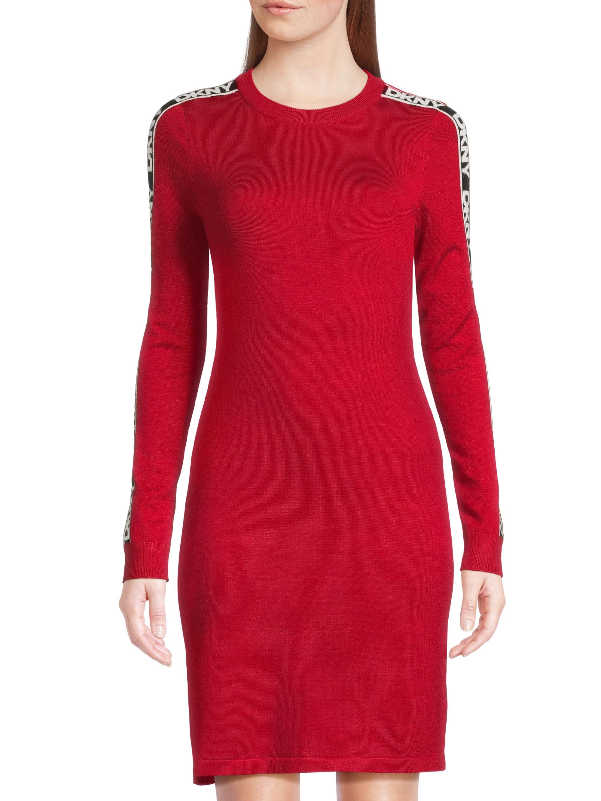 Click here for Dkny Womens Logo Tape Knit Minidress - Scarlet Ivo... prices