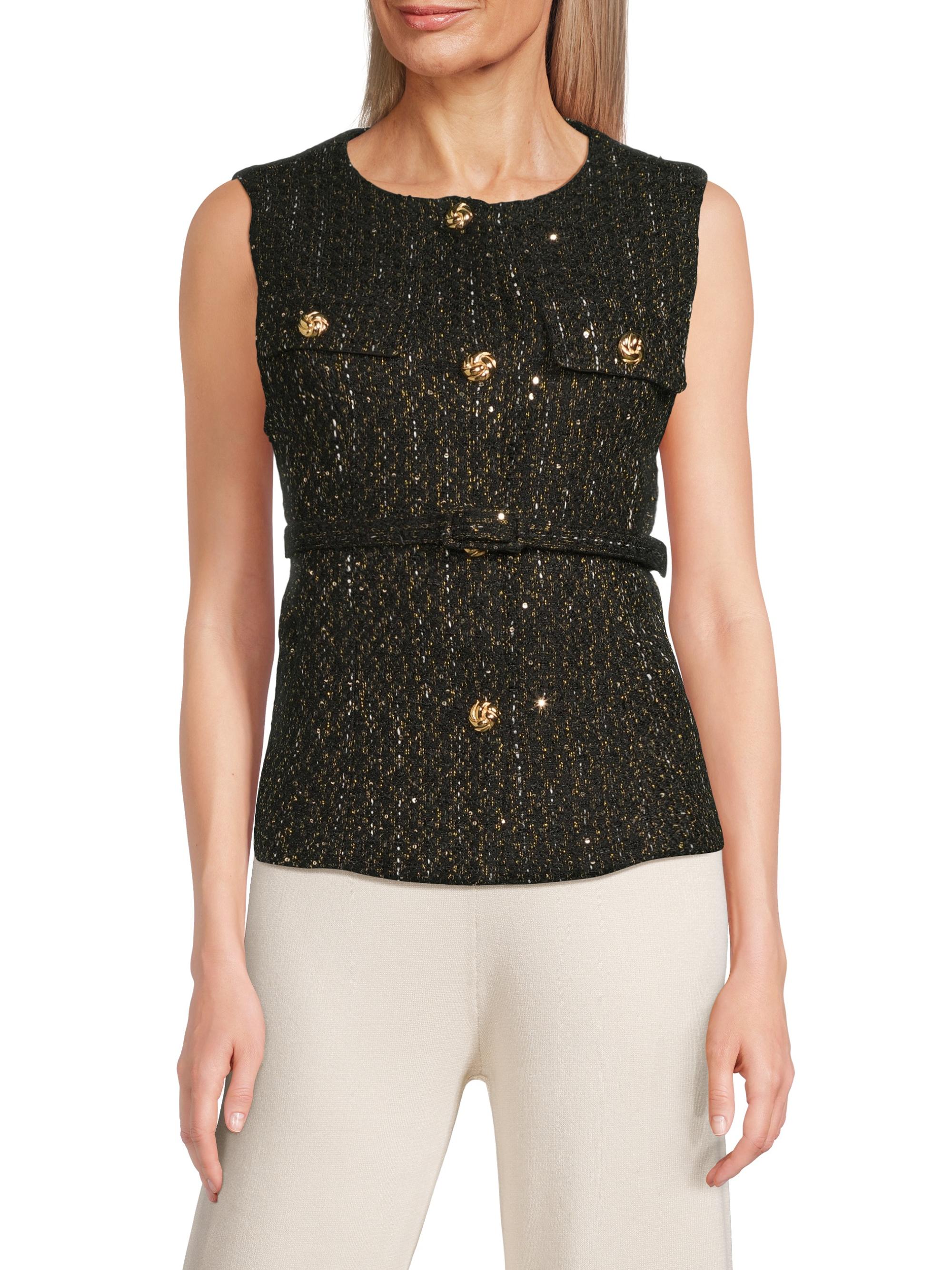 Click here for Lea & Viola Womens Belted Tweed Vest - Black - Siz... prices
