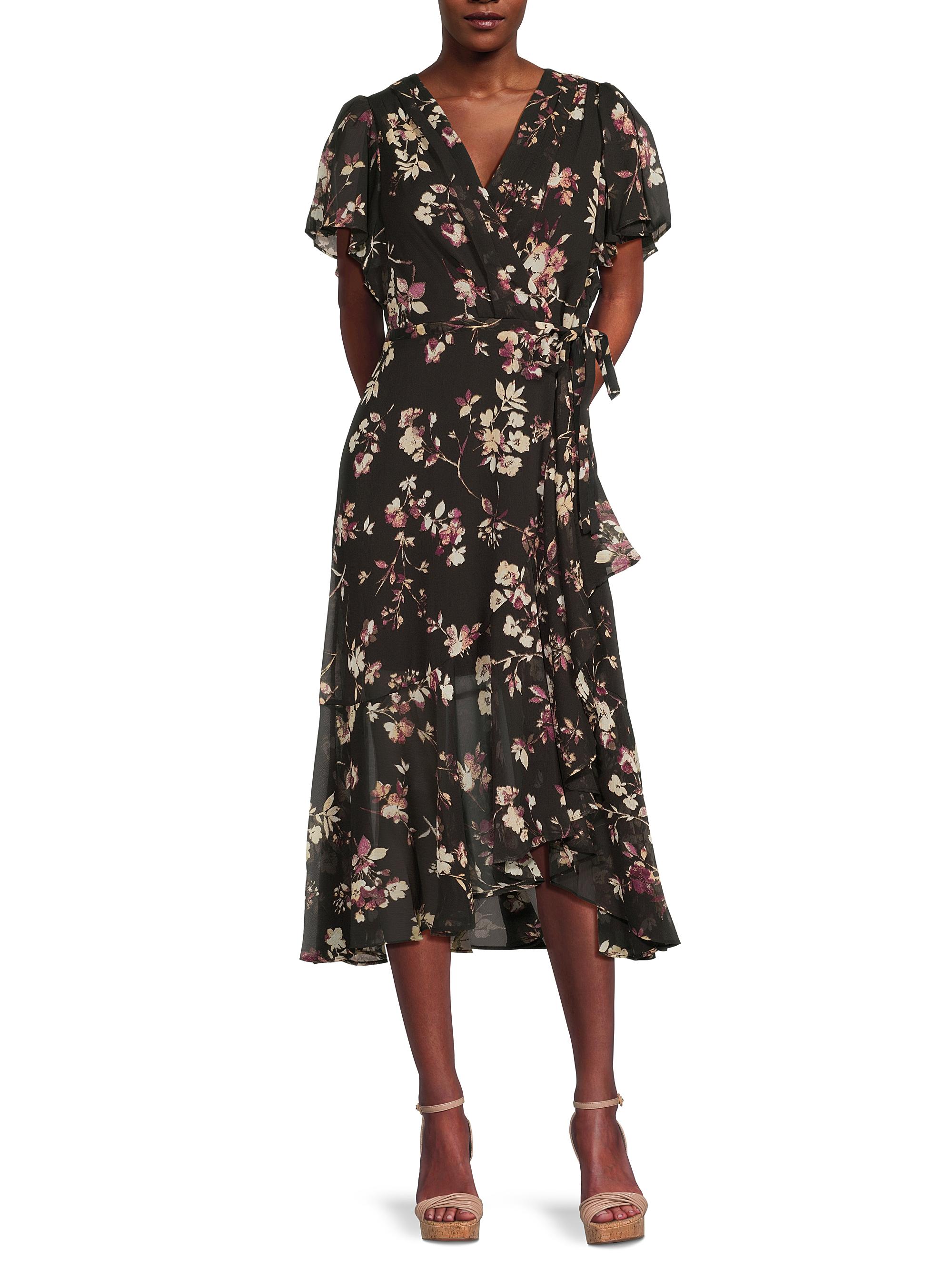 Click here for Dkny Womens Floral Crinkled Chiffon Wrap Midi-Dres... prices