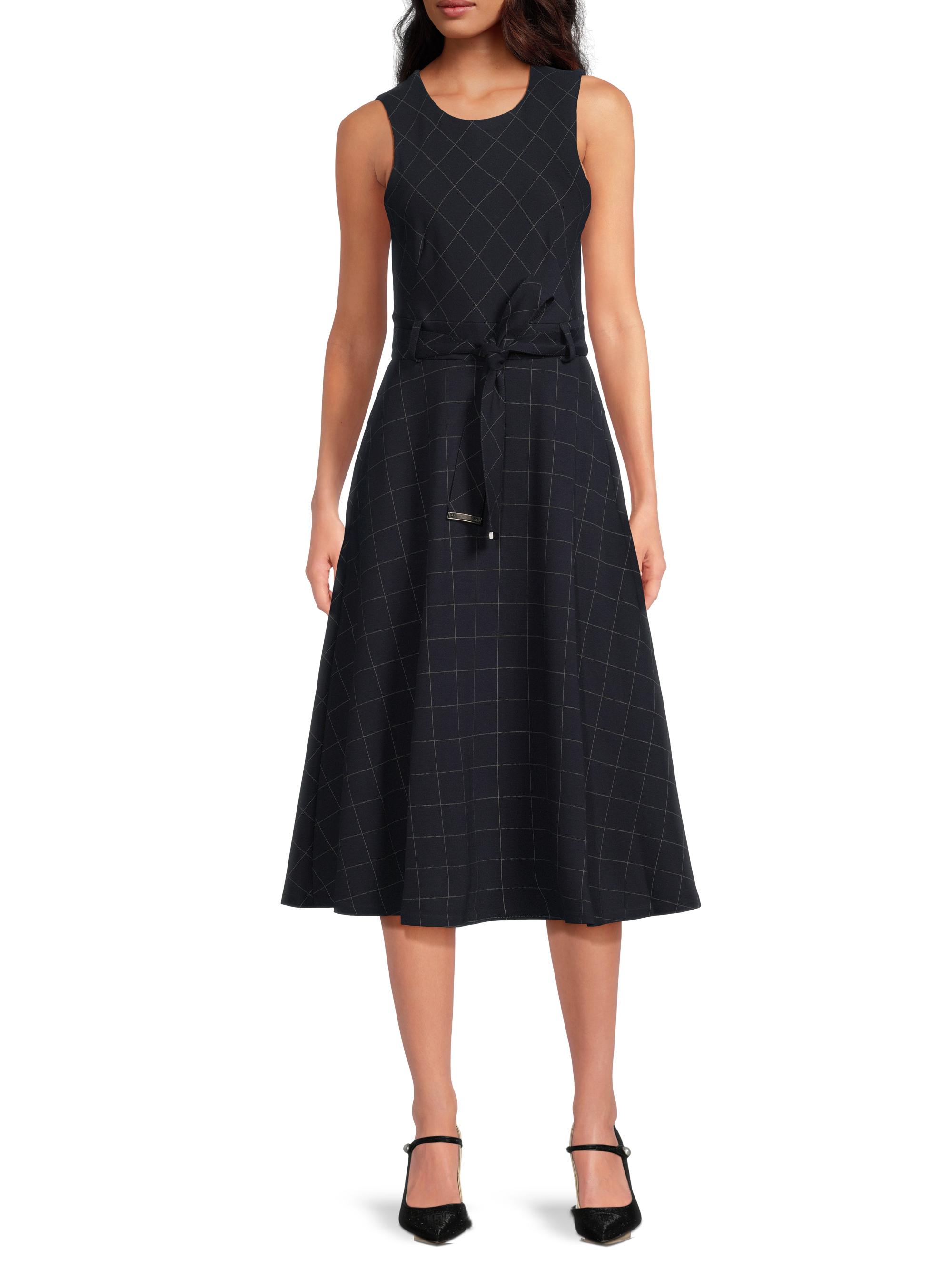 Click here for Calvin Klein Womens Geometric Print Belted Midi-Dr... prices