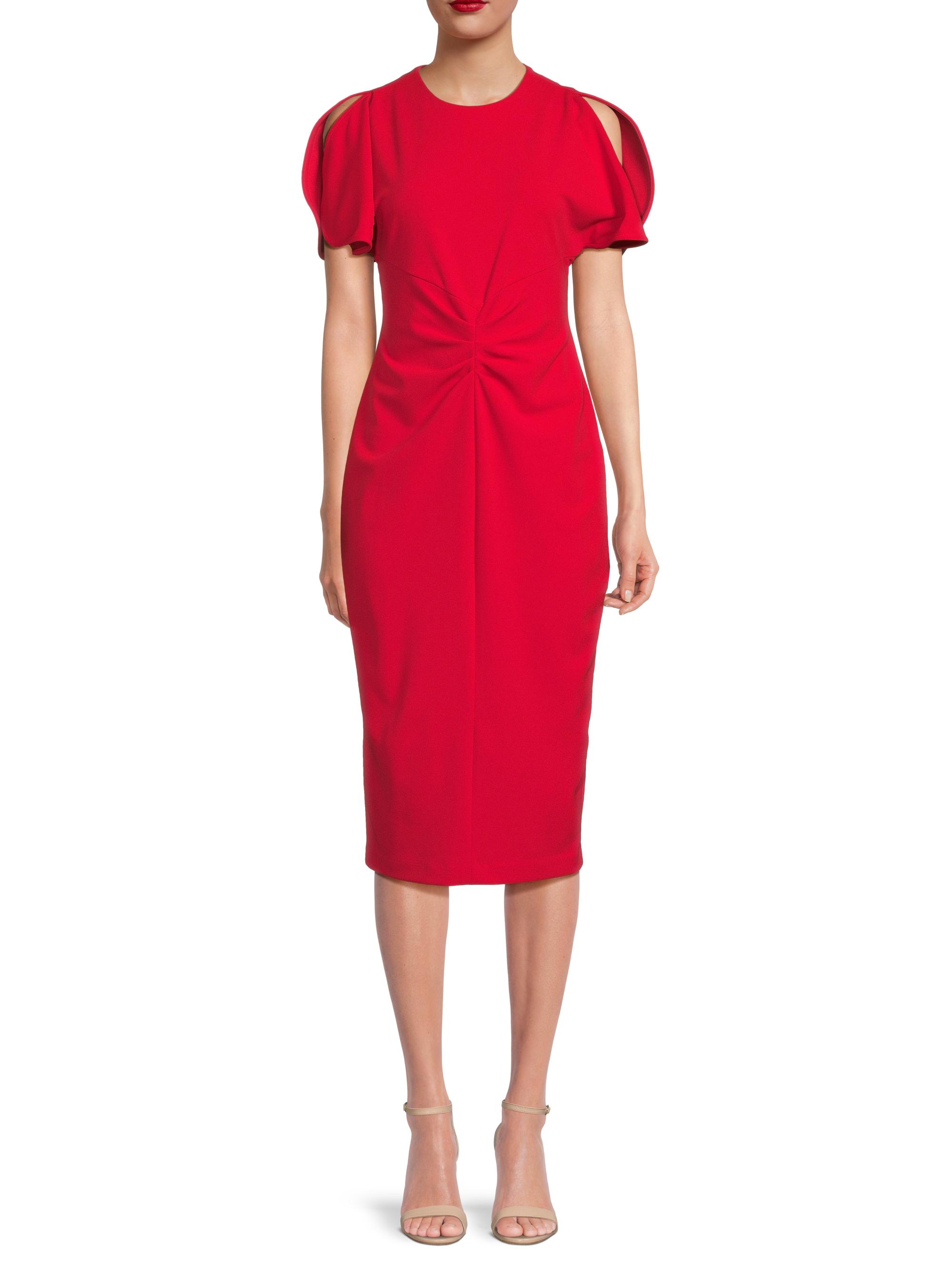 Click here for Calvin Klein Womens Ruched Sheath Midi-Dress - Red... prices