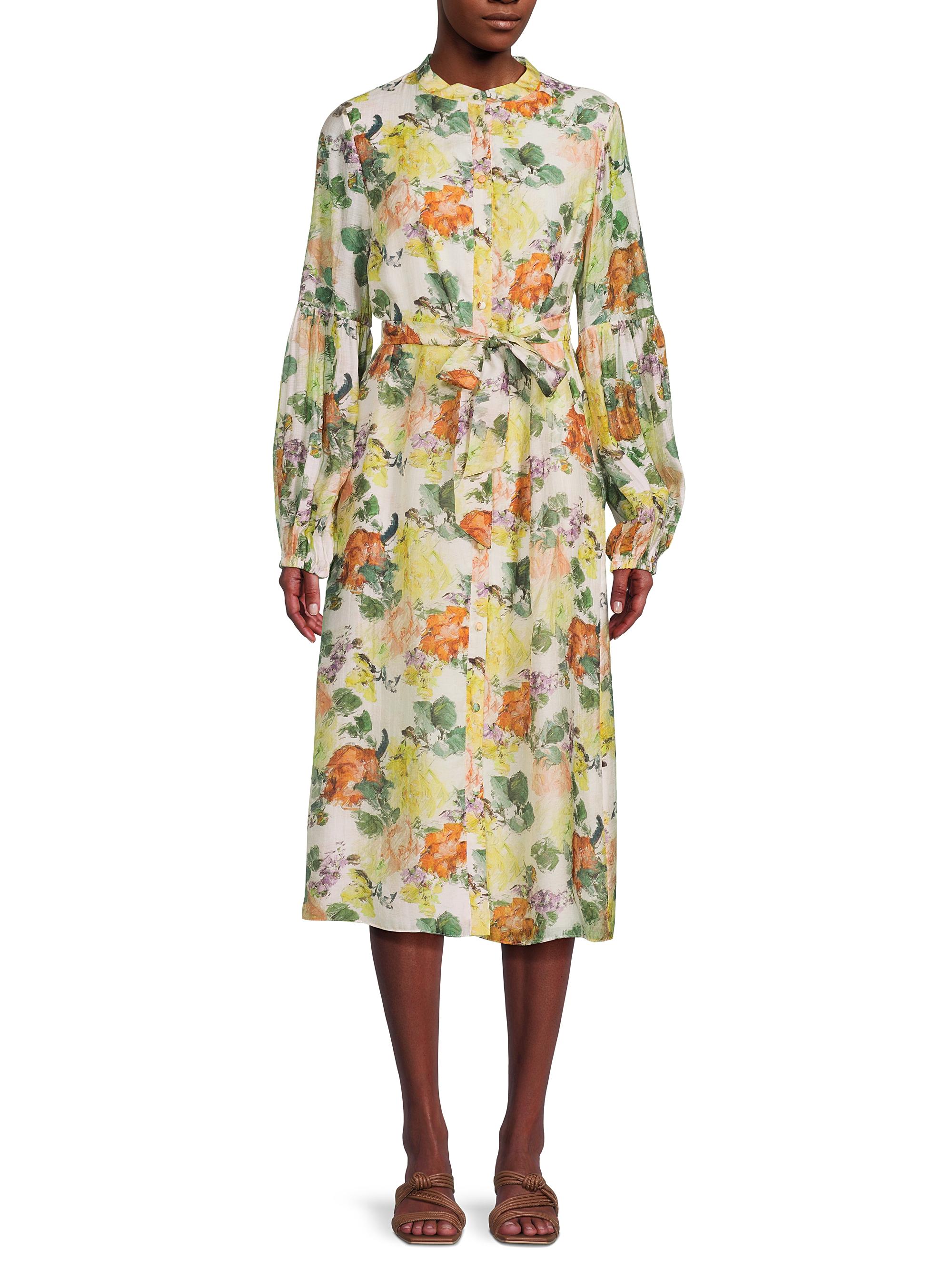 Click here for Mikael Aghal Womens Floral Belted Long-Sleeve Midi... prices
