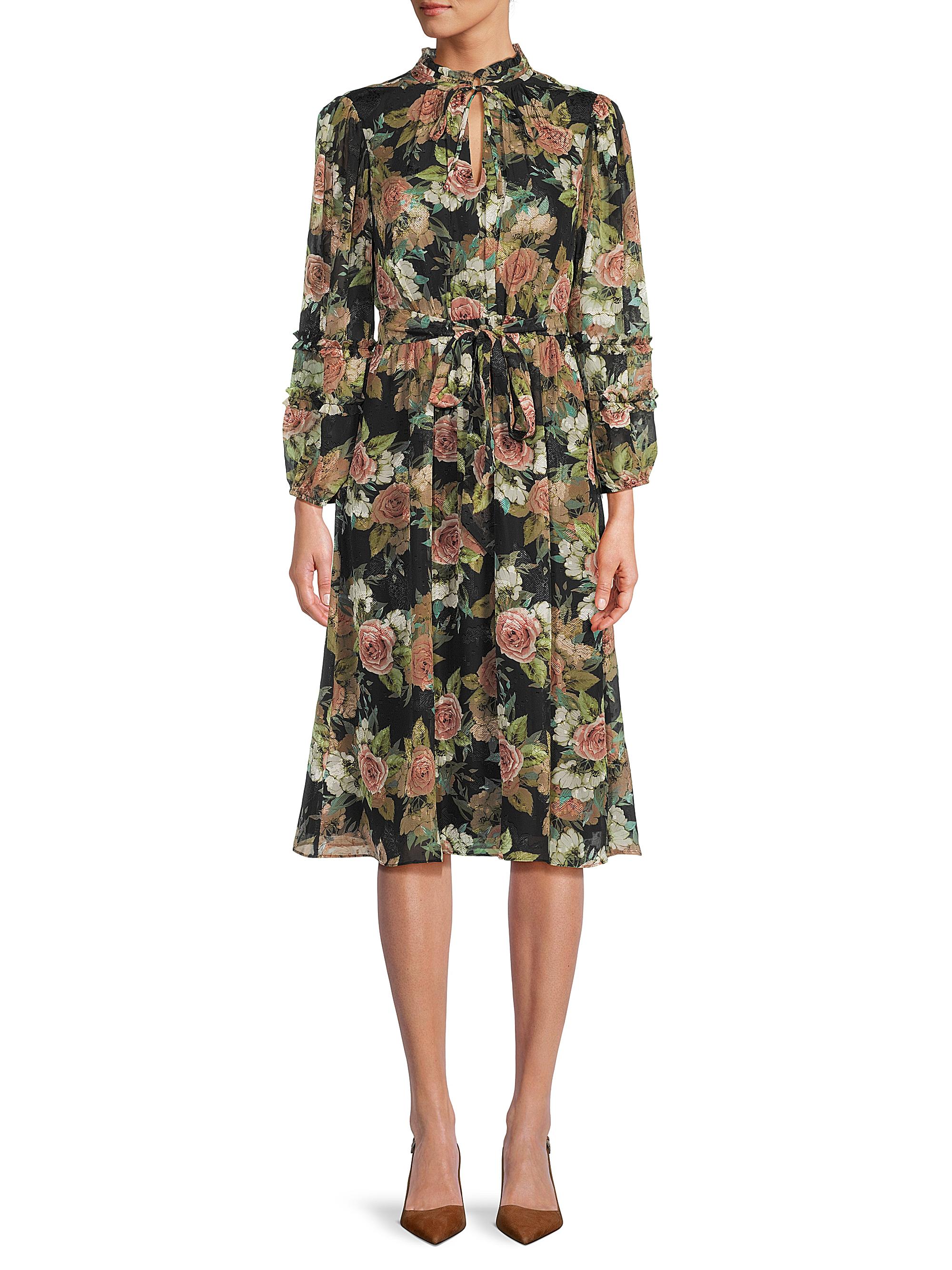 Click here for Mikael Aghal Womens Floral Belted Midi-Dress - Bla... prices