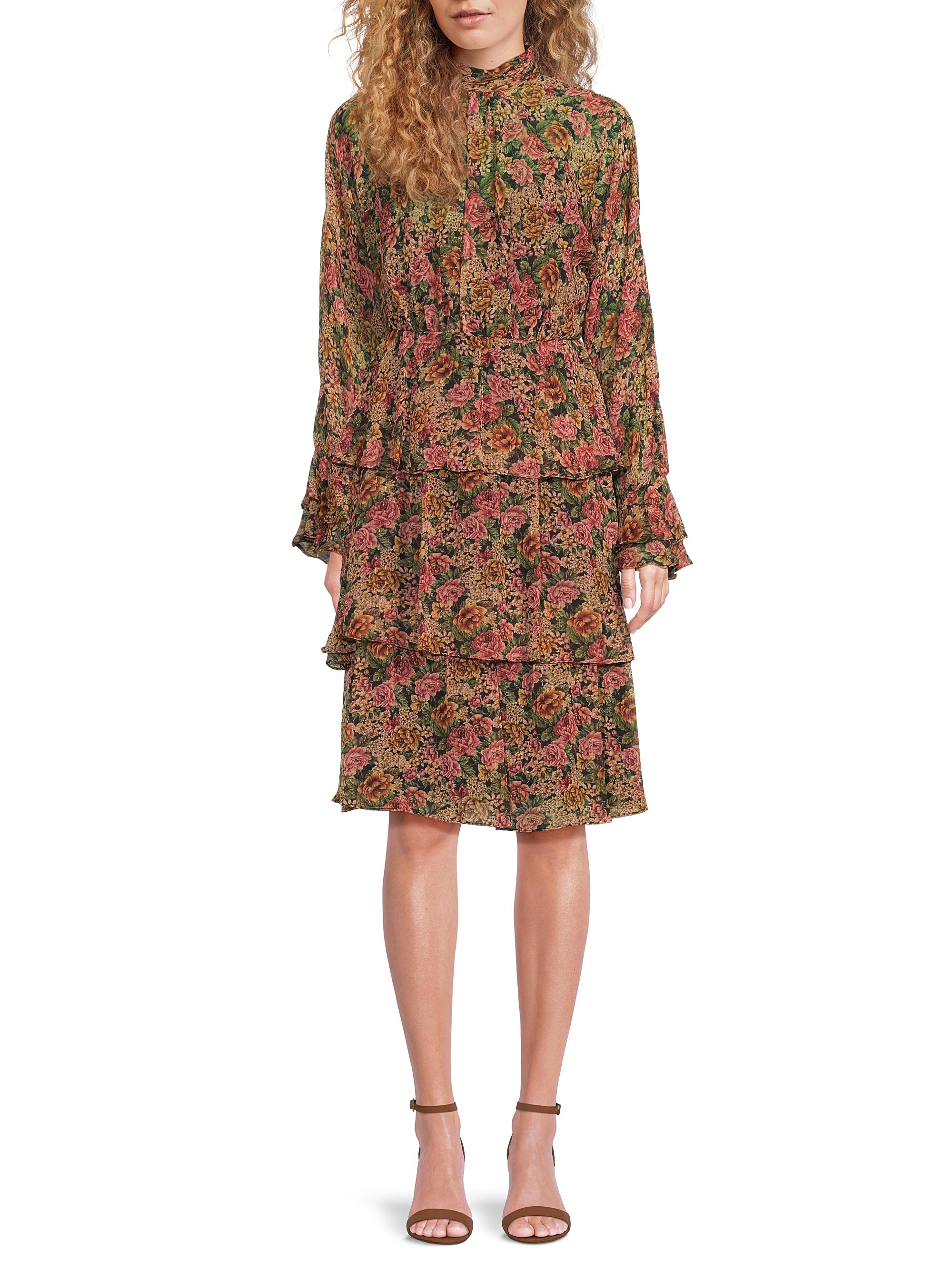 Click here for Mikael Aghal Womens Floral Tiered Midi-Dress - Bla... prices