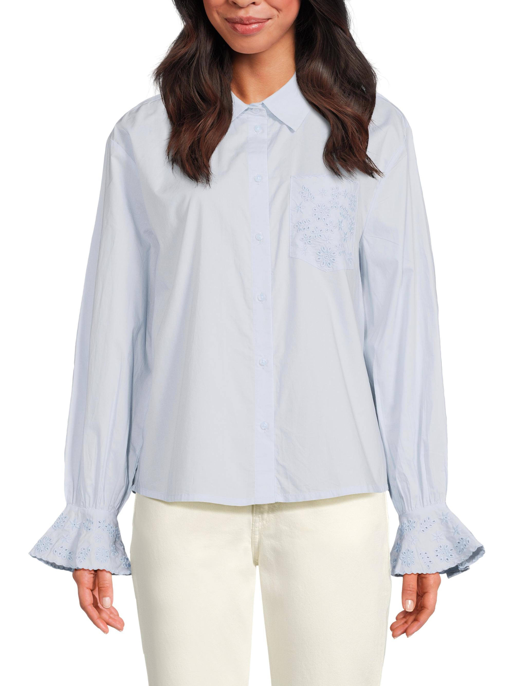 Bcbg Womens Long Sleeve Button-Up Embroidered Top - Light Blue