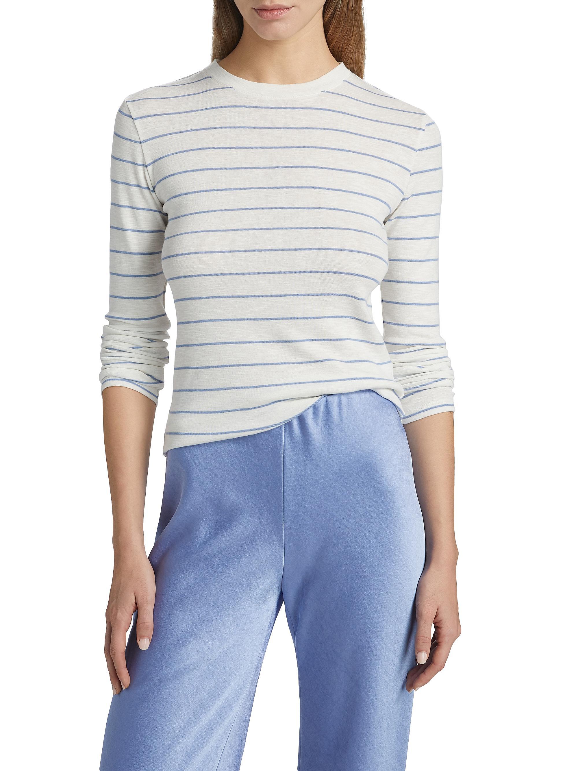 Click here for Vince Womens Striped Cotton-Blend Crewneck Long-Sl... prices