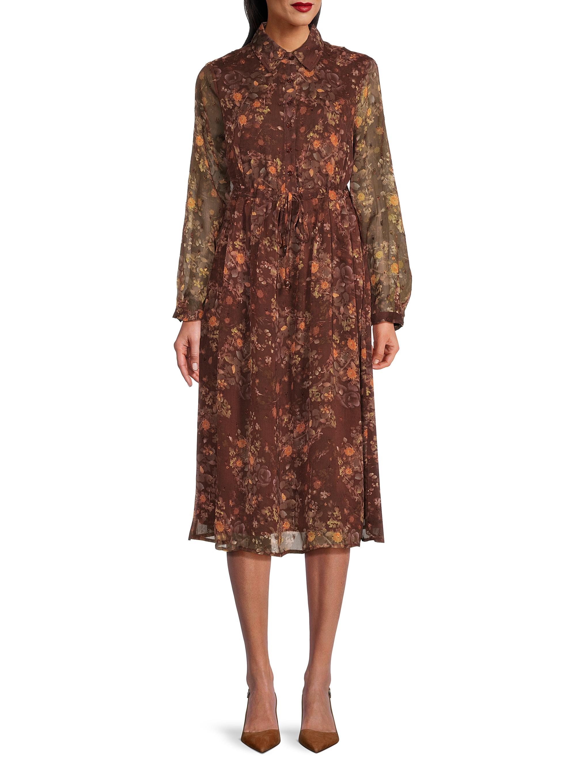 Click here for Wdny Womens Floral Printed Midi-Dress - Brown Mult... prices