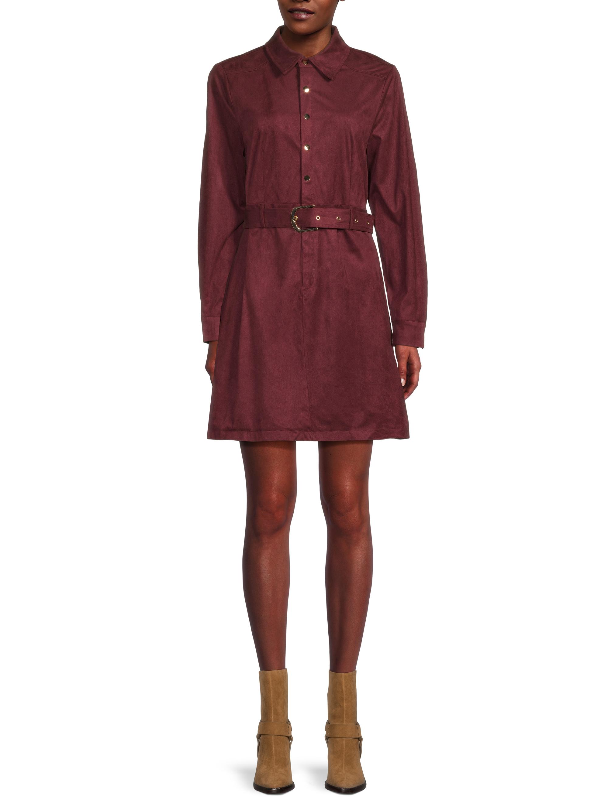 Click here for Wdny Womens Belted Suede Shirtdress - Burgundy - S... prices
