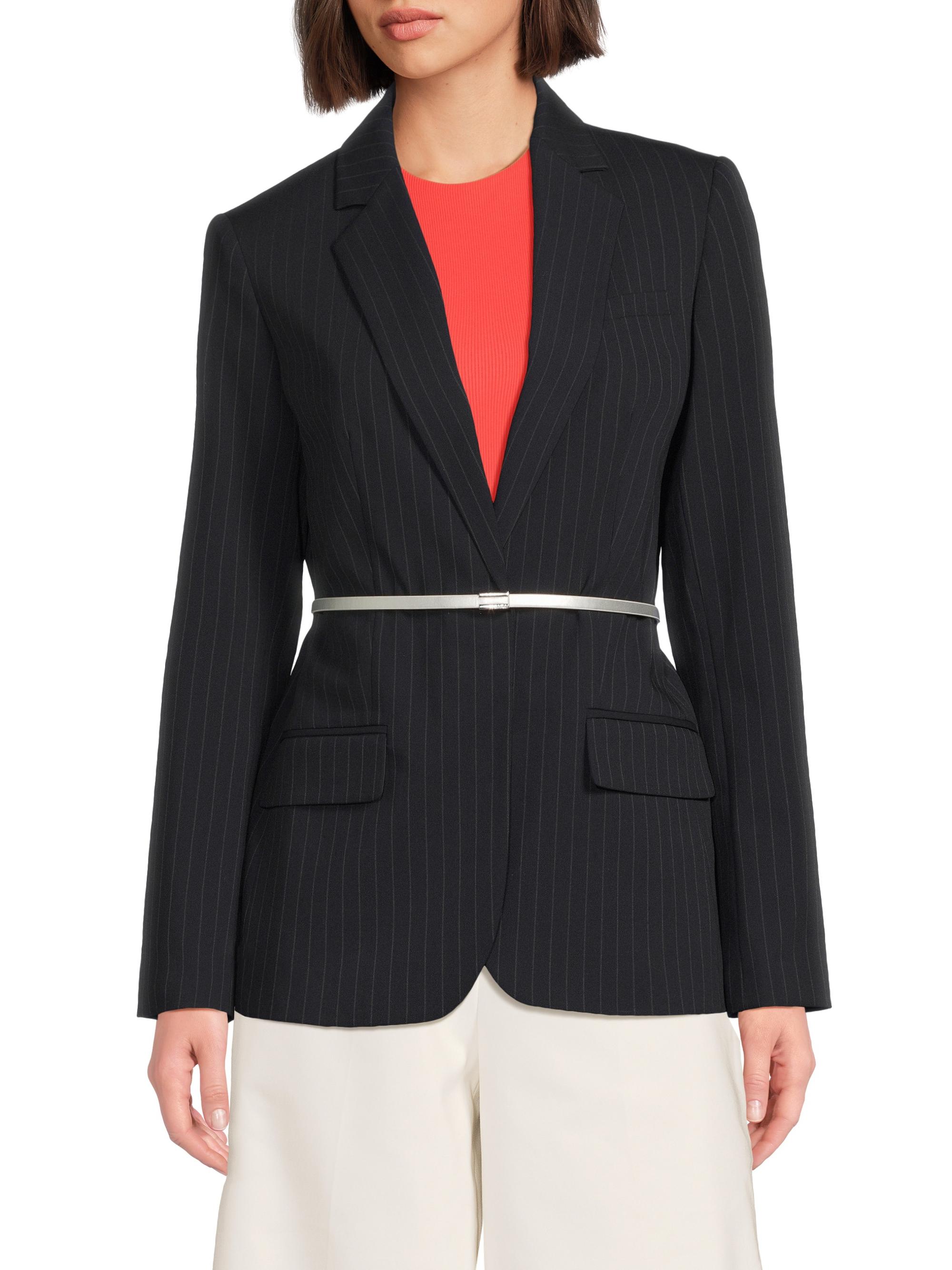 Click here for Calvin Klein Womens Pinstripe Belted One-Button Ja... prices
