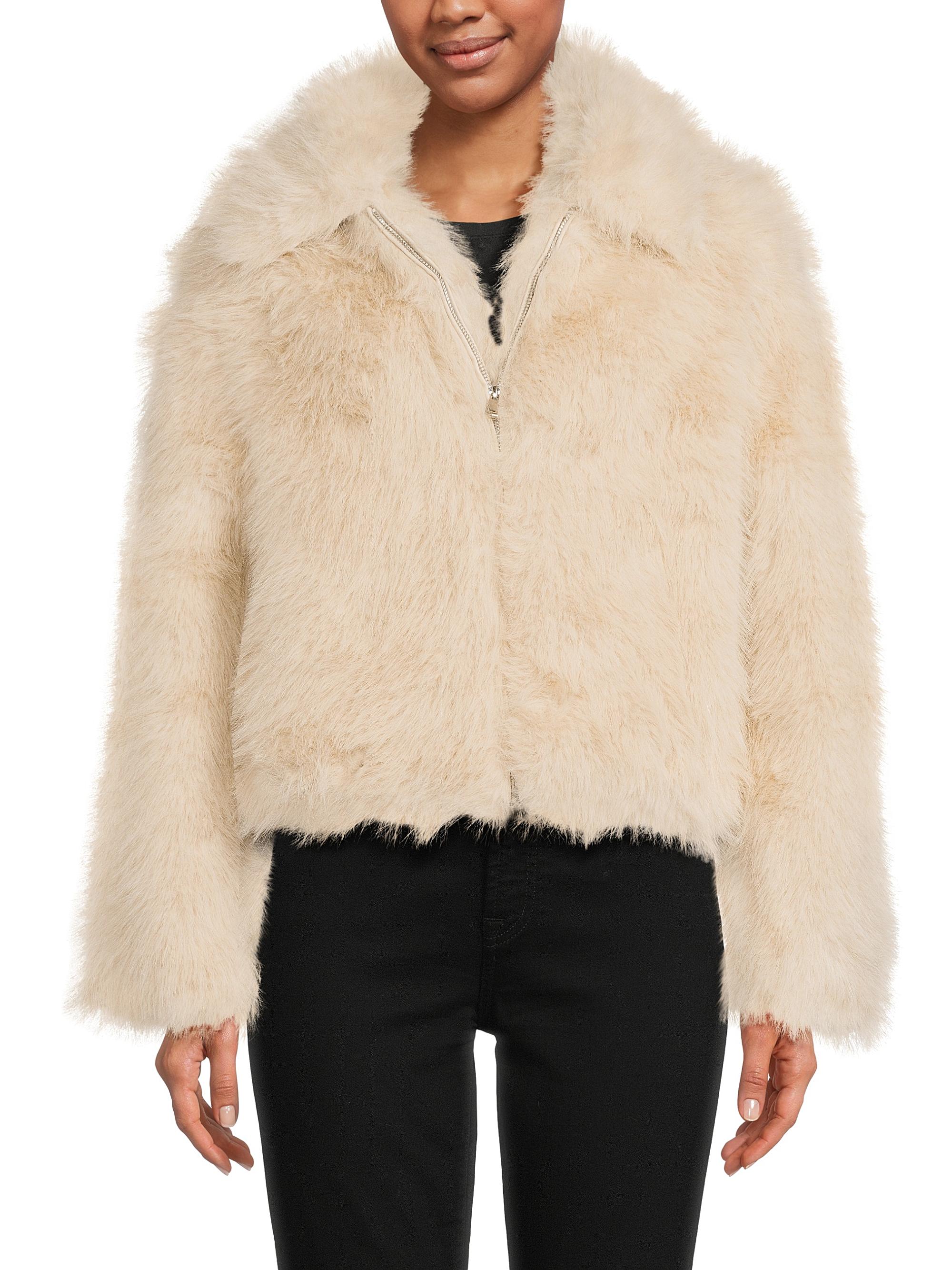 Click here for Shaci Womens Spread Collar Faux-Fur Jacket - Ivory... prices