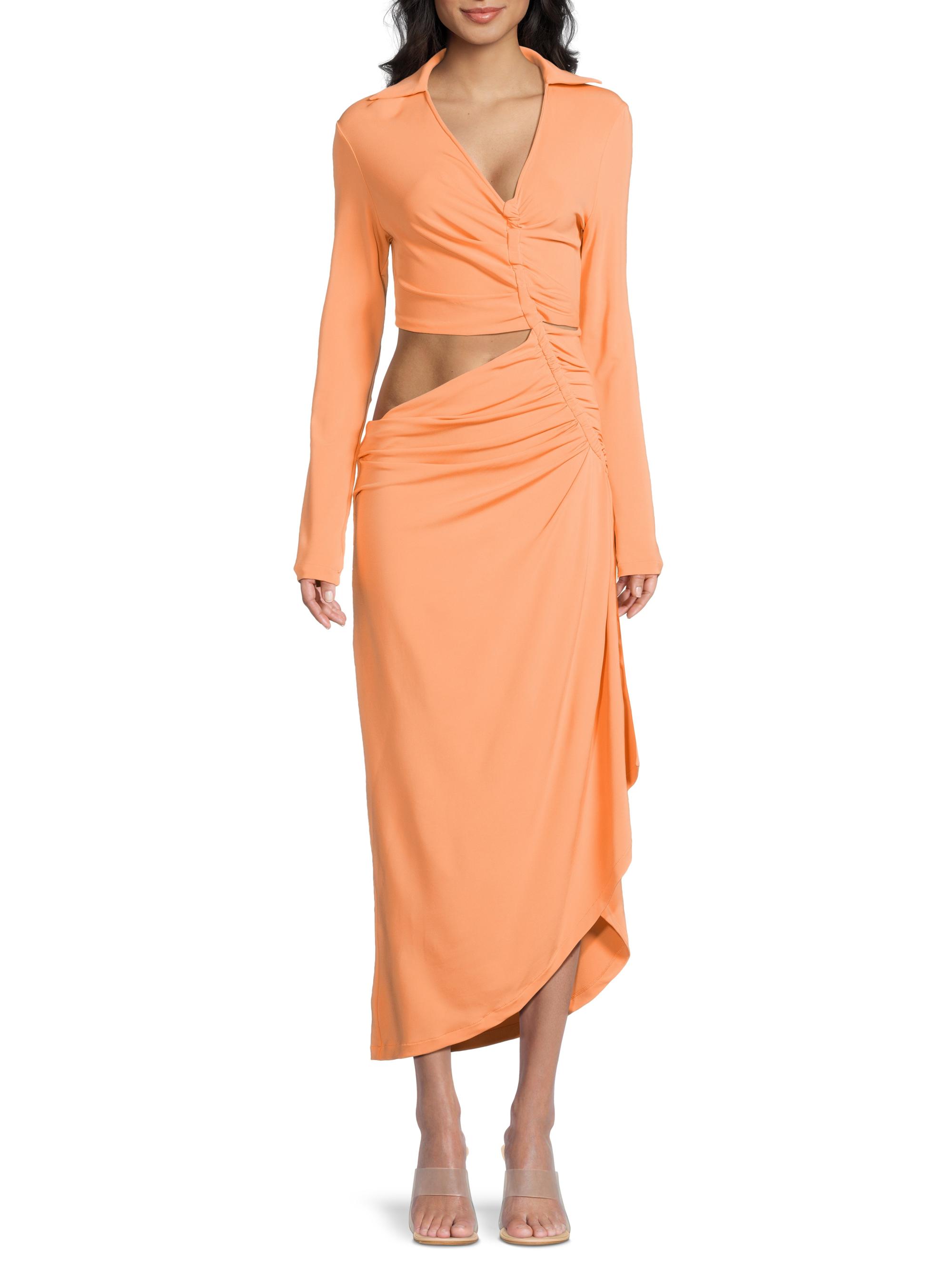 Click here for Off-White Womens Logo Crepe Draped Midi-Dress - Pe... prices
