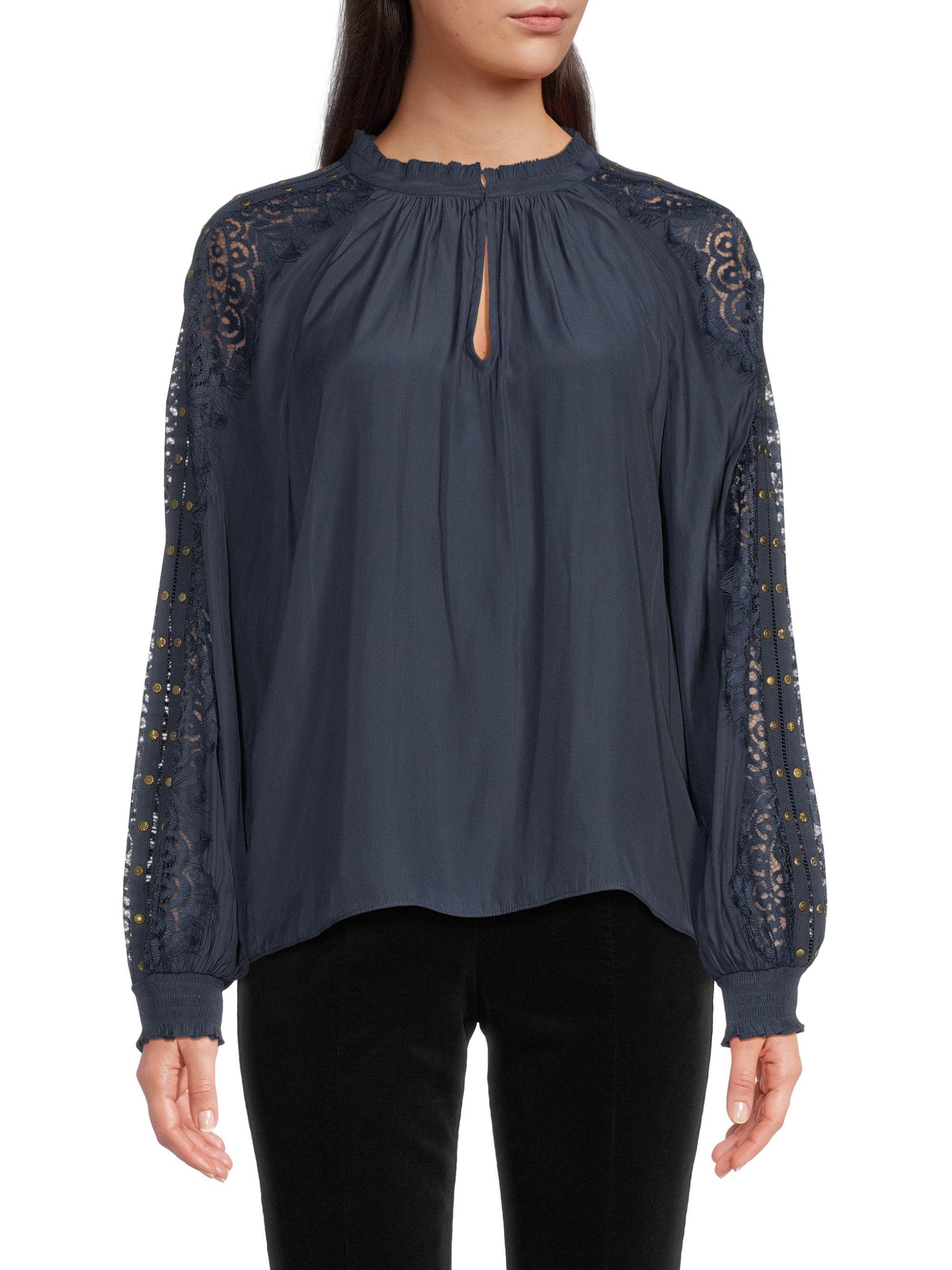 Ramy Brook Womens Agatha Raglan Lace Top - Navy - Size XL