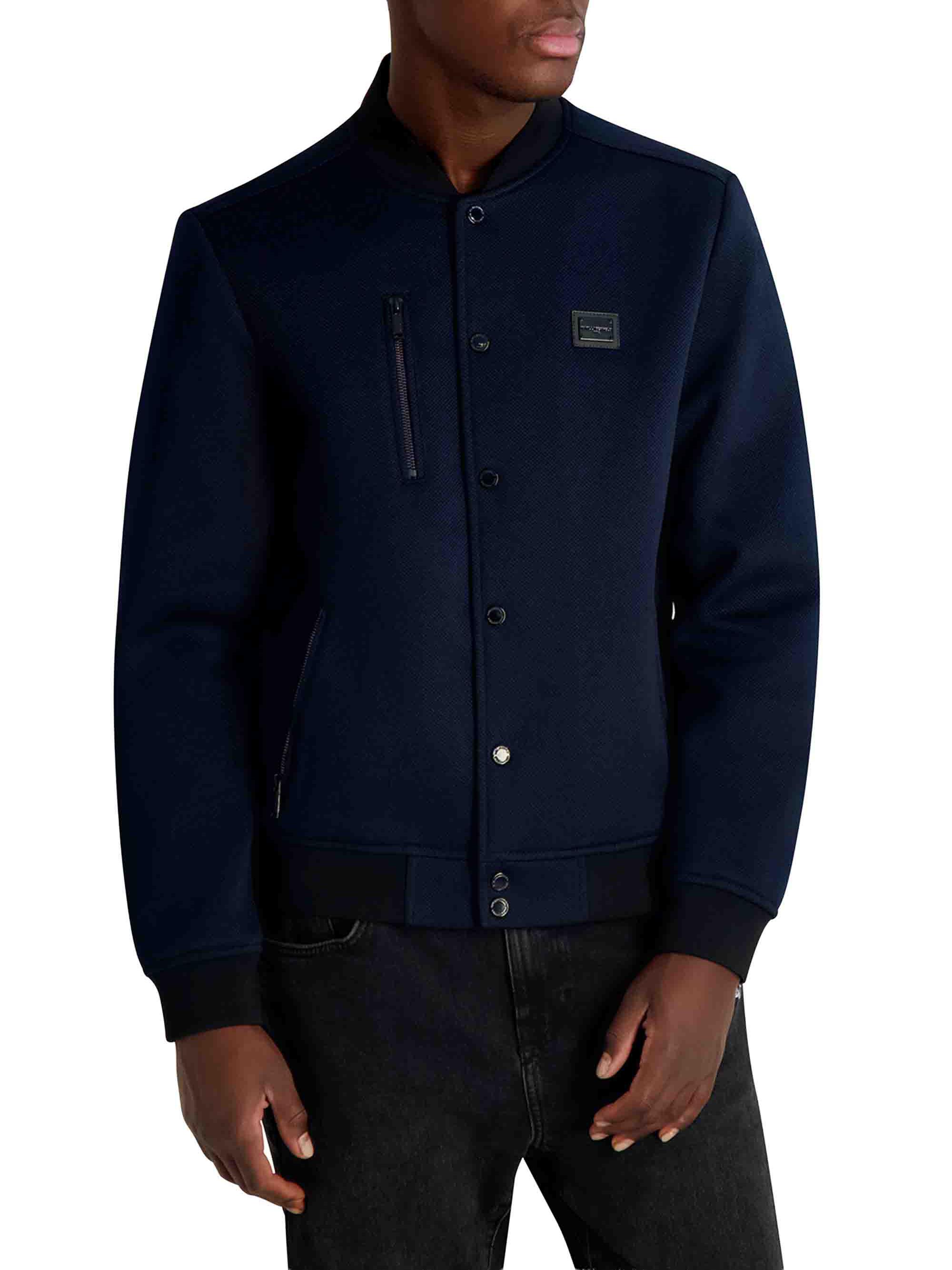 Karl Lagerfeld Mens Textured Varsity Zip Bomber Jacket - Navy