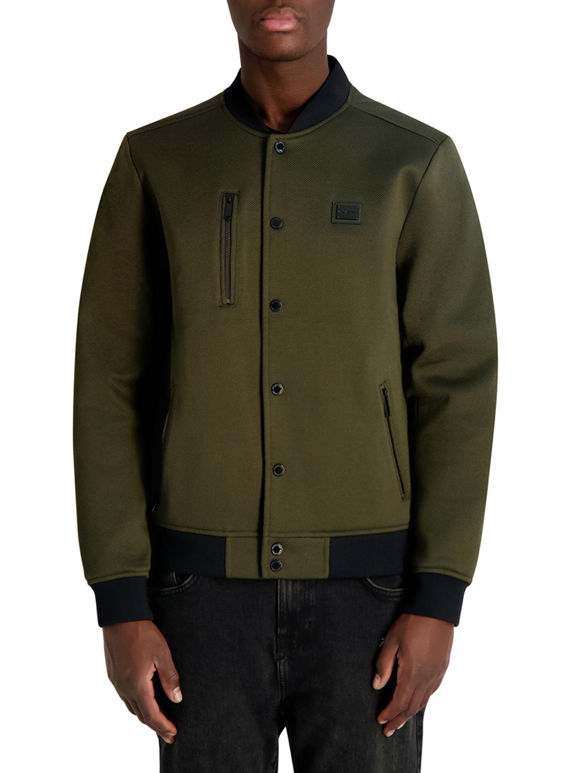 Karl Lagerfeld Mens Textured Varsity Zip Bomber Jacket - Olive