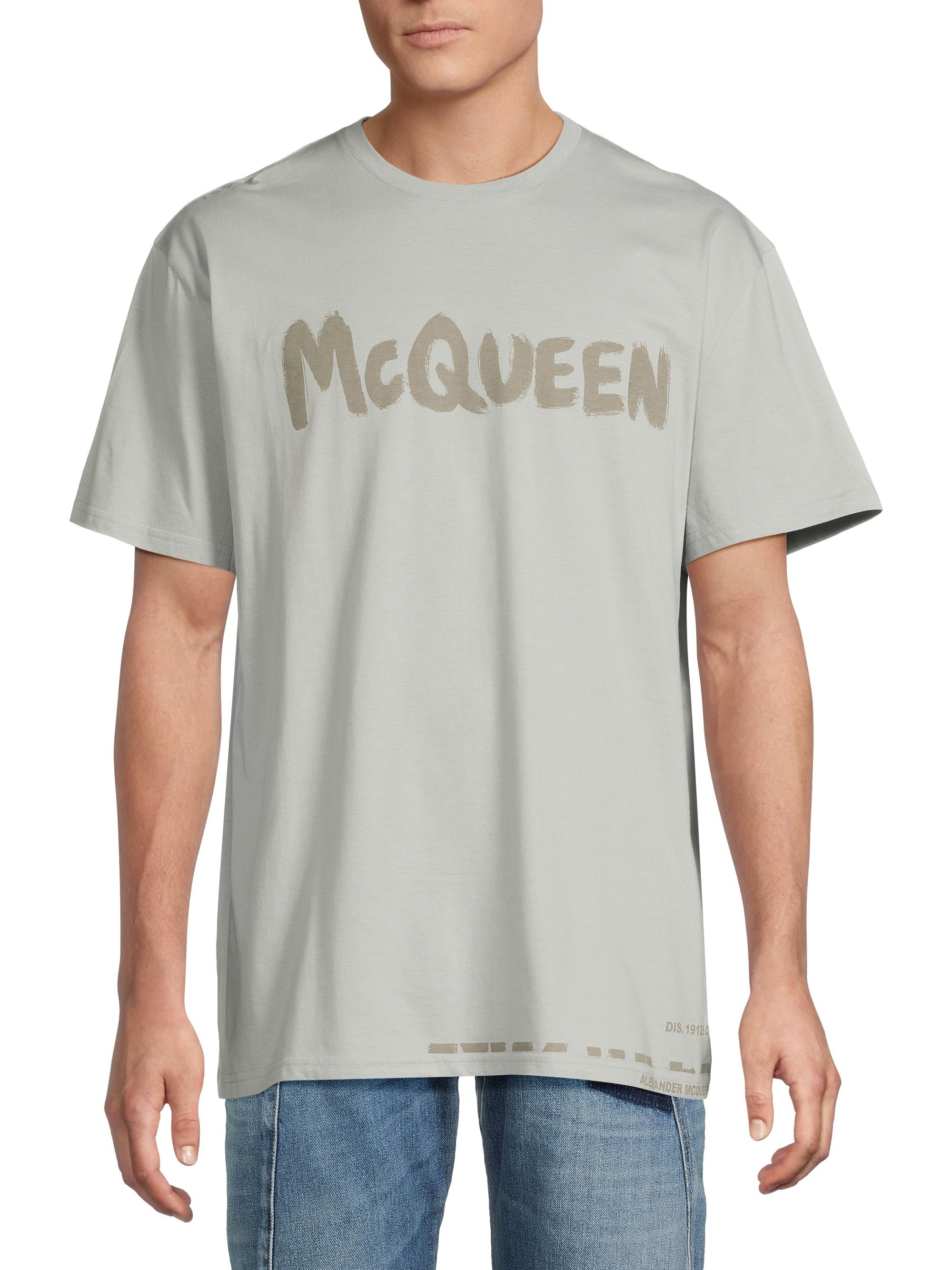 Click here for Mcqueen Mens Graffiti Logo Cotton T-Shirt - Dove G... prices