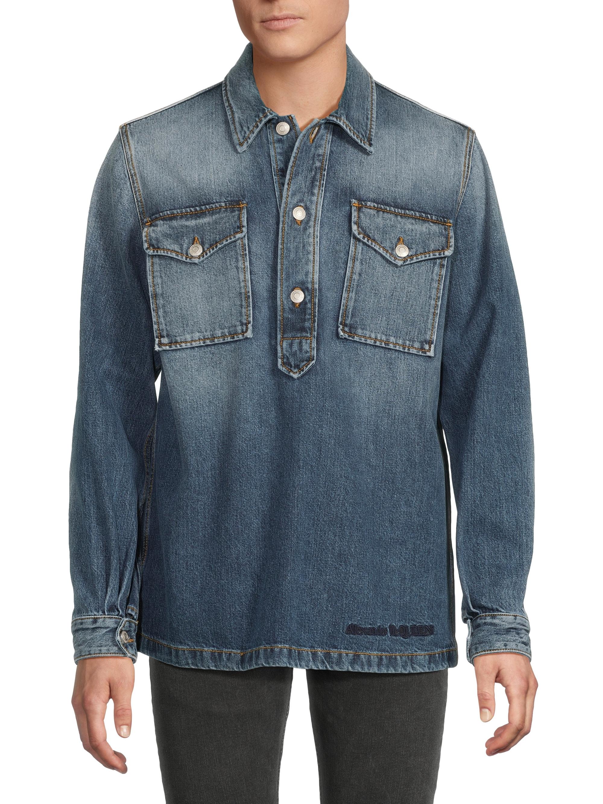 Click here for Mcqueen Mens Faded Cotton Denim Shirt - Blue Washe... prices
