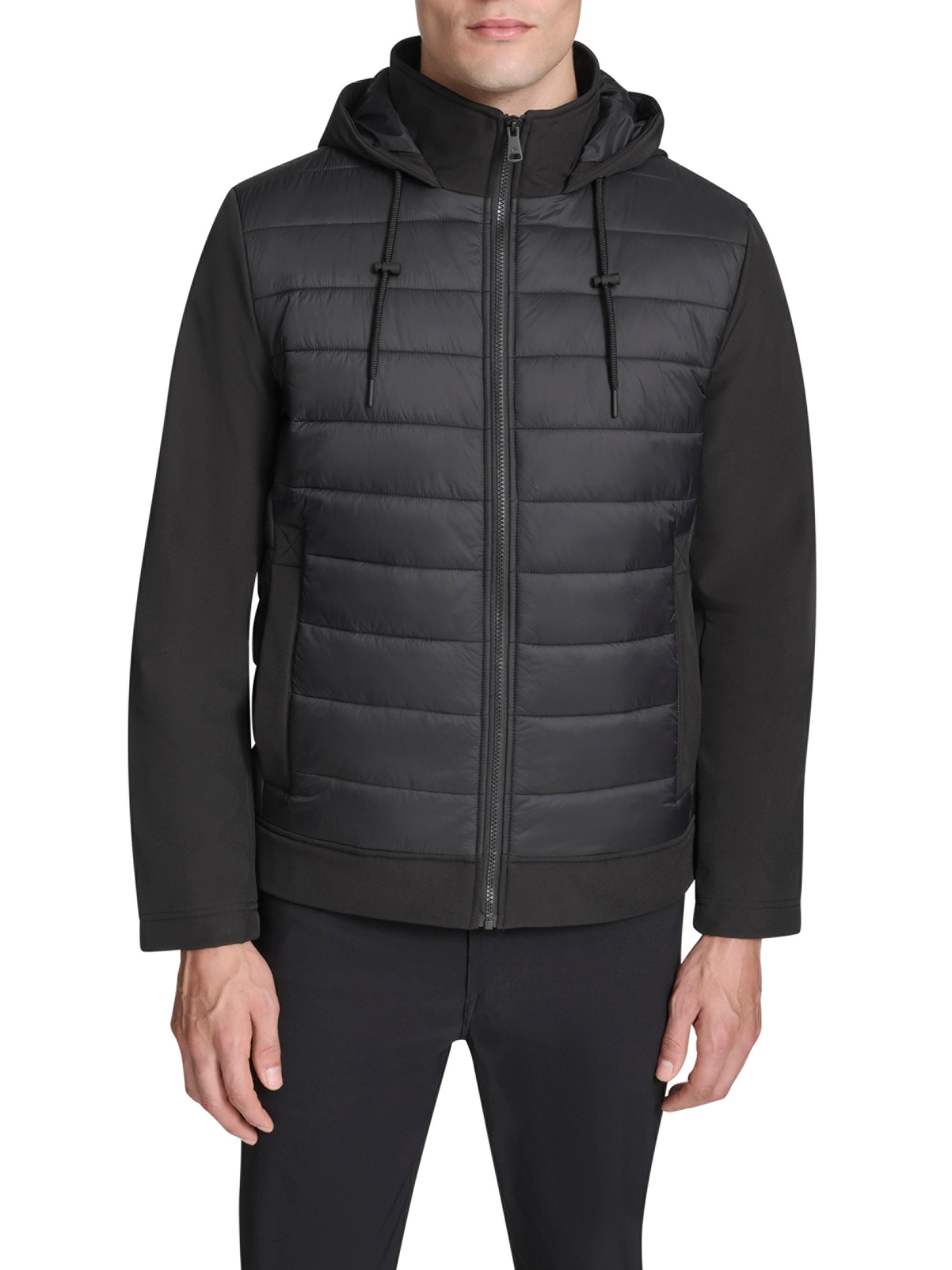 Click here for Kenneth Cole Mens Mixed-Media Quilted Hooded Slim... prices