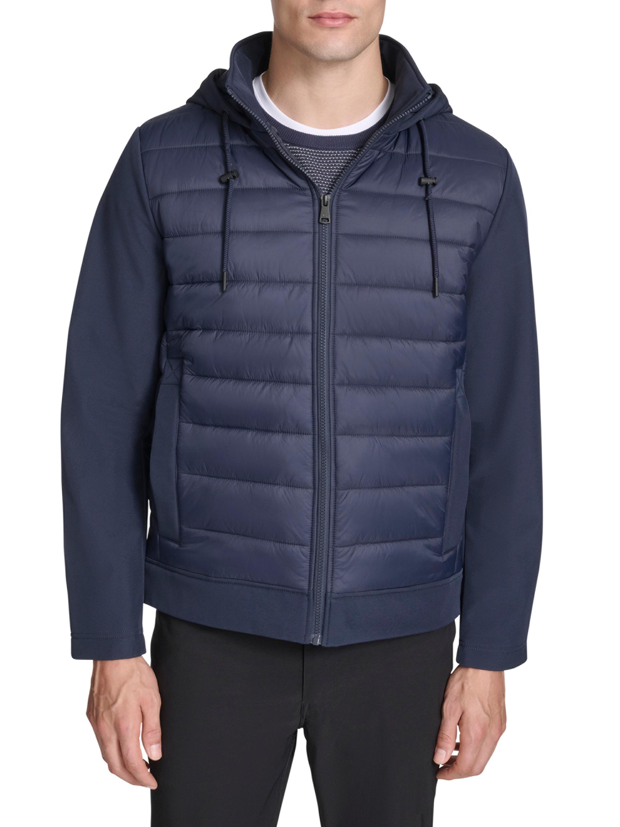 Click here for Kenneth Cole Mens Mixed-Media Quilted Hooded Slim... prices