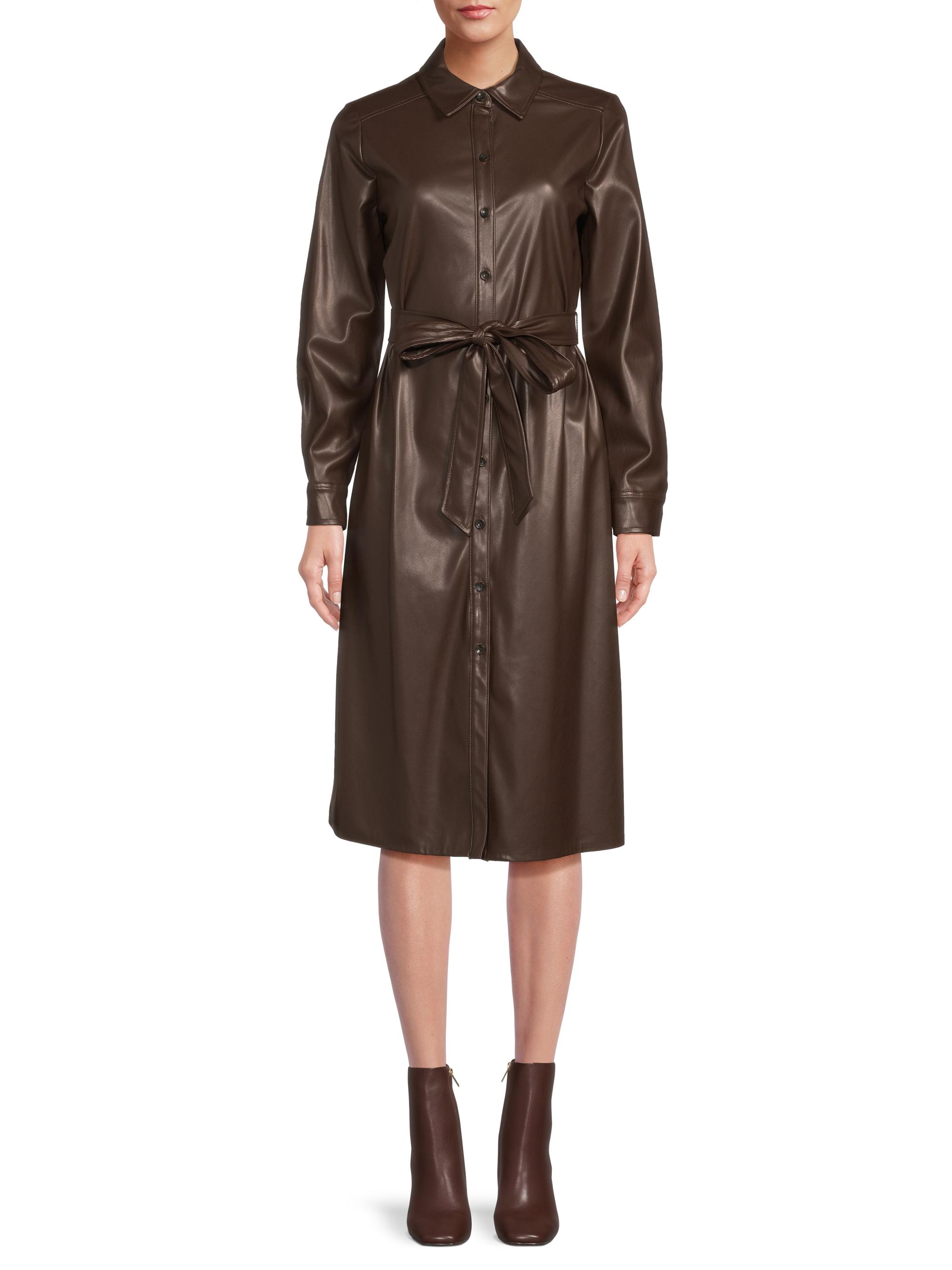 Click here for Calvin Klein Womens Faux Leather Shirtdress - Coff... prices