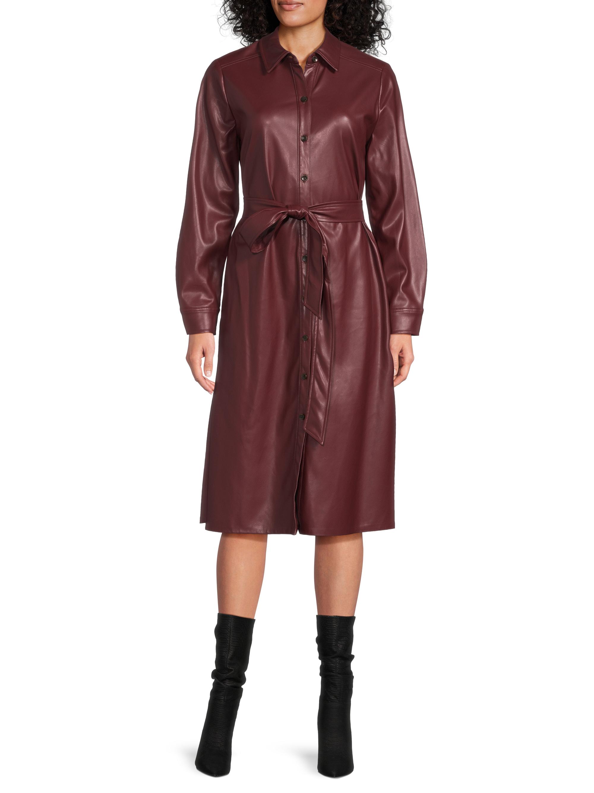 Click here for Calvin Klein Womens Faux Leather Shirtdress - Syra... prices