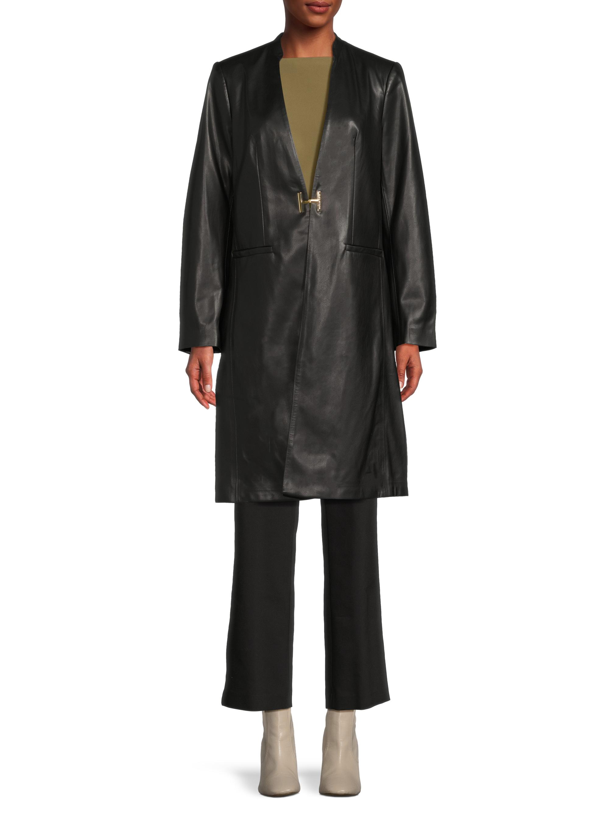 Click here for Halston Womens Collarless Faux Leather Longline Co... prices