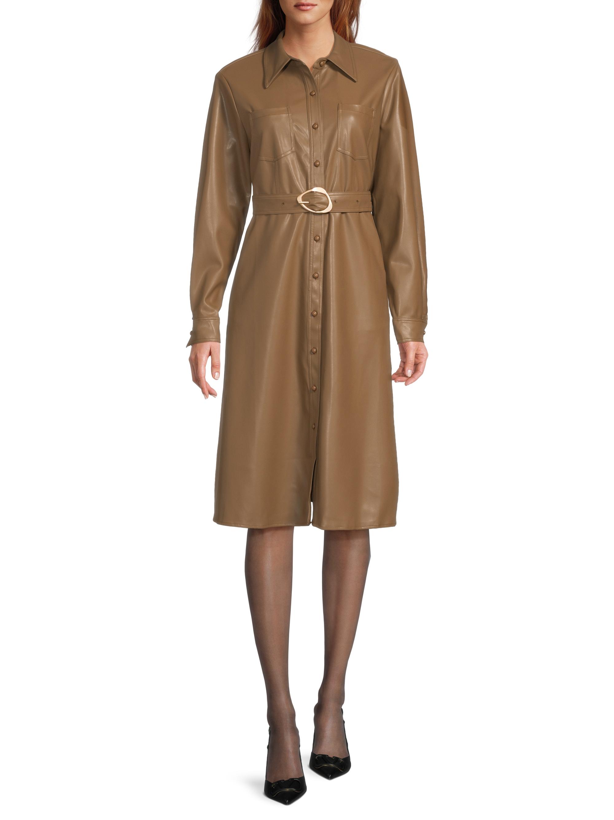 Click here for Wdny Womens Faux Leather Belted Shirtdress - Brown... prices