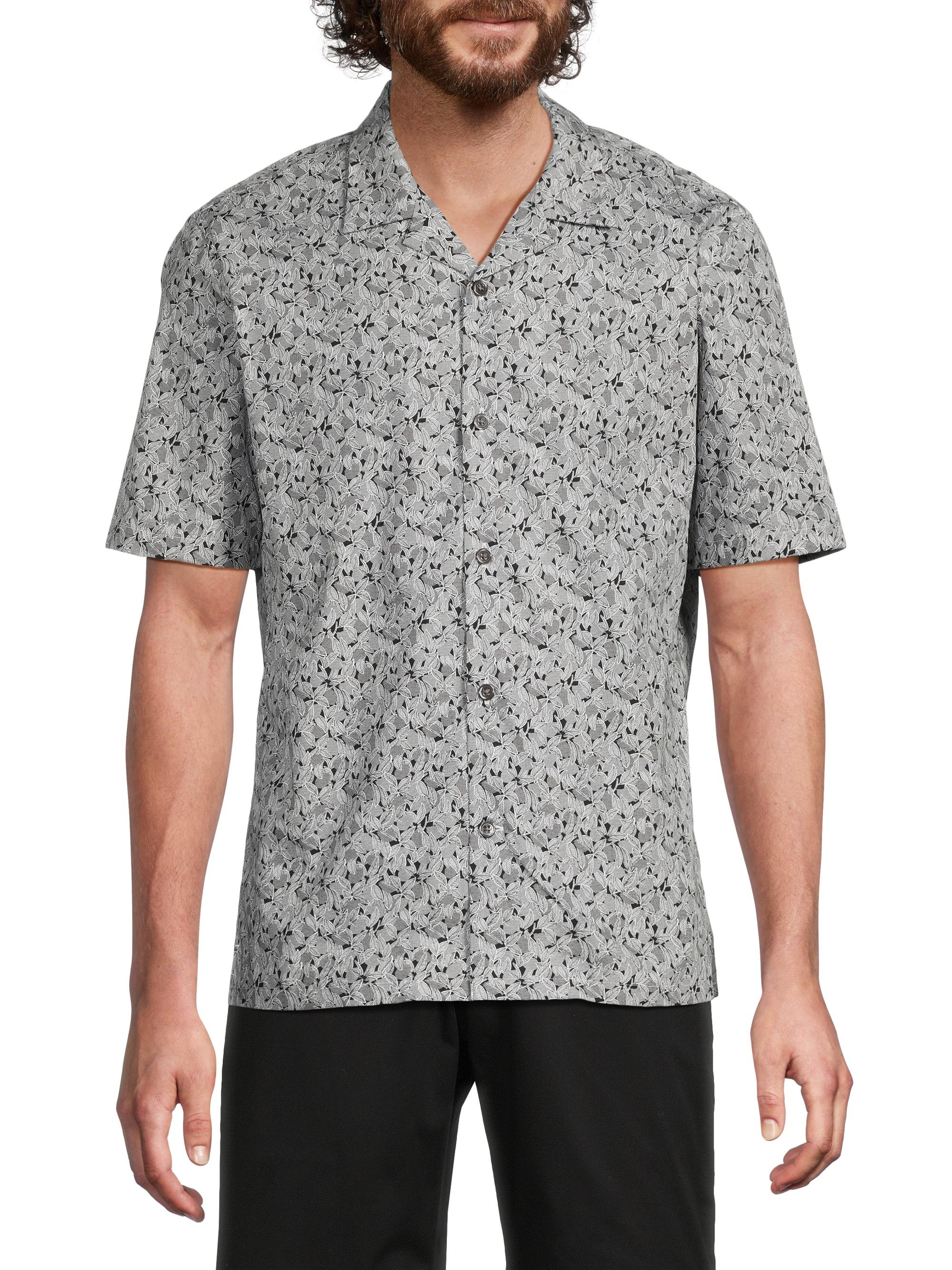 Click here for Theory Mens Grid Leaf Print Cotton Button-Down Shi... prices
